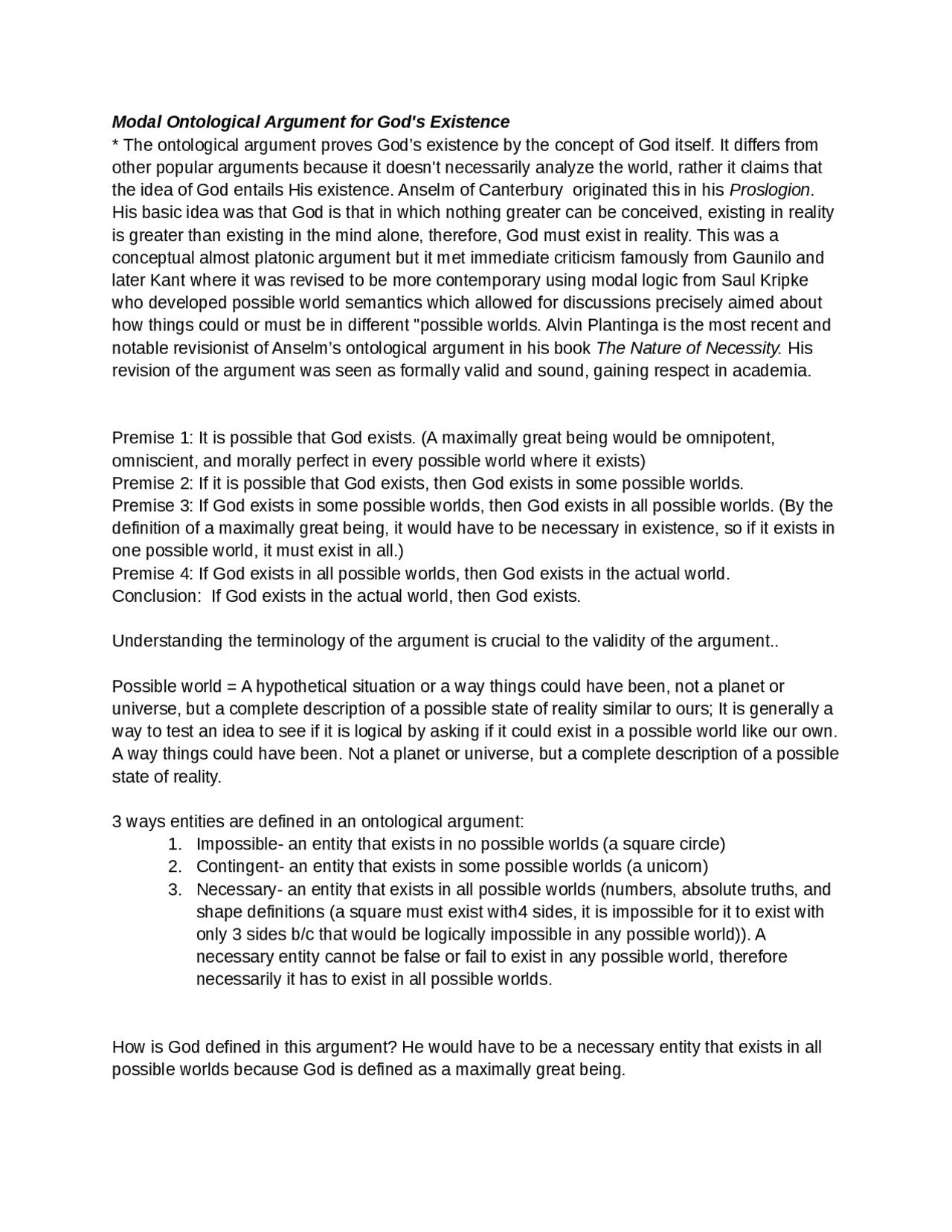 Modal Ontological Argument | Cheat Sheet Philosophy | Docsity