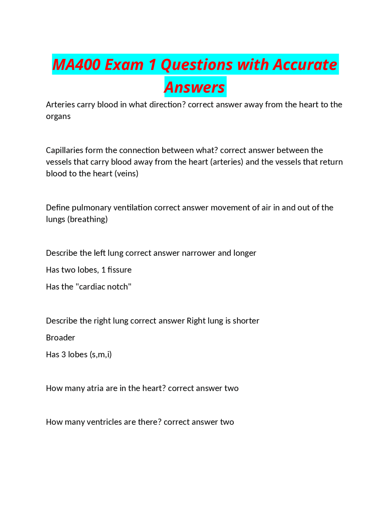 MA400 Exam 1 Questions with Accurate Answers | Exams Medicine | Docsity