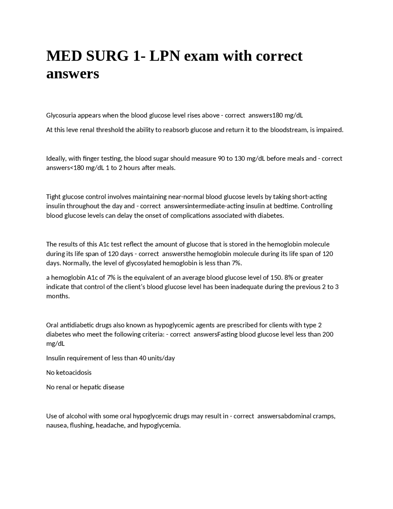 MED SURG 1- LPN exam with correct answers | Exams Nursing | Docsity