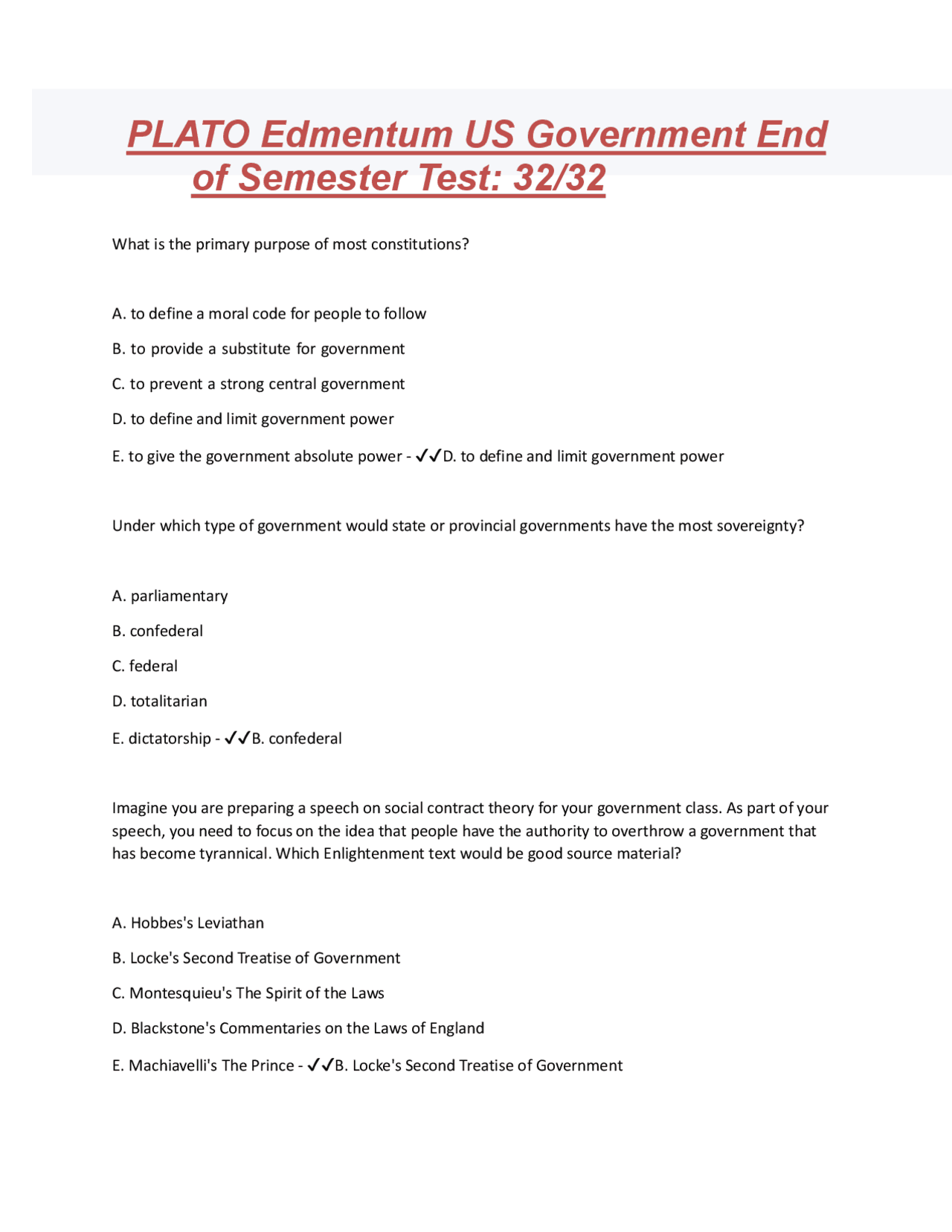 PLATO Edmentum US Government End of Semester Test: | Exams ...