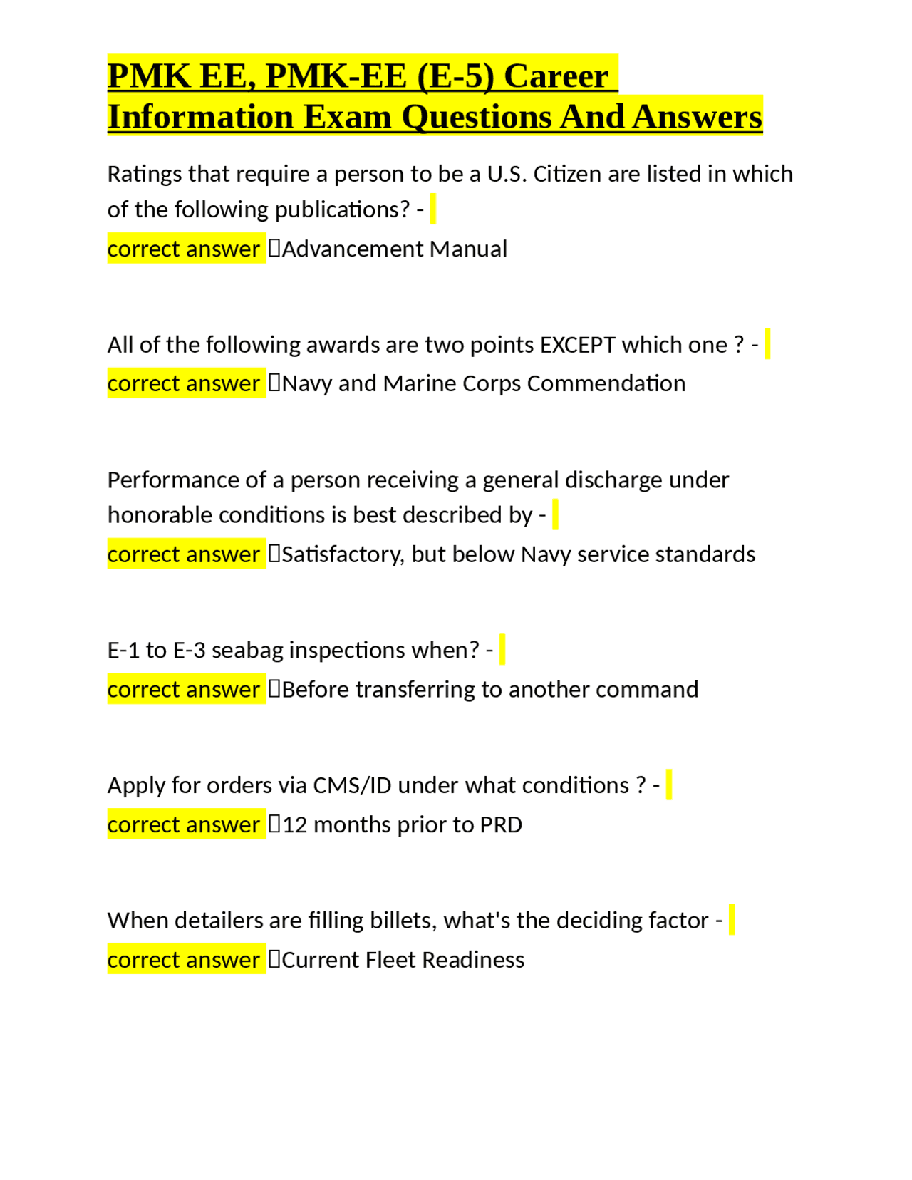 PMK EE, PMK-EE (E-5) Career Information Exam Questions And Answers ...