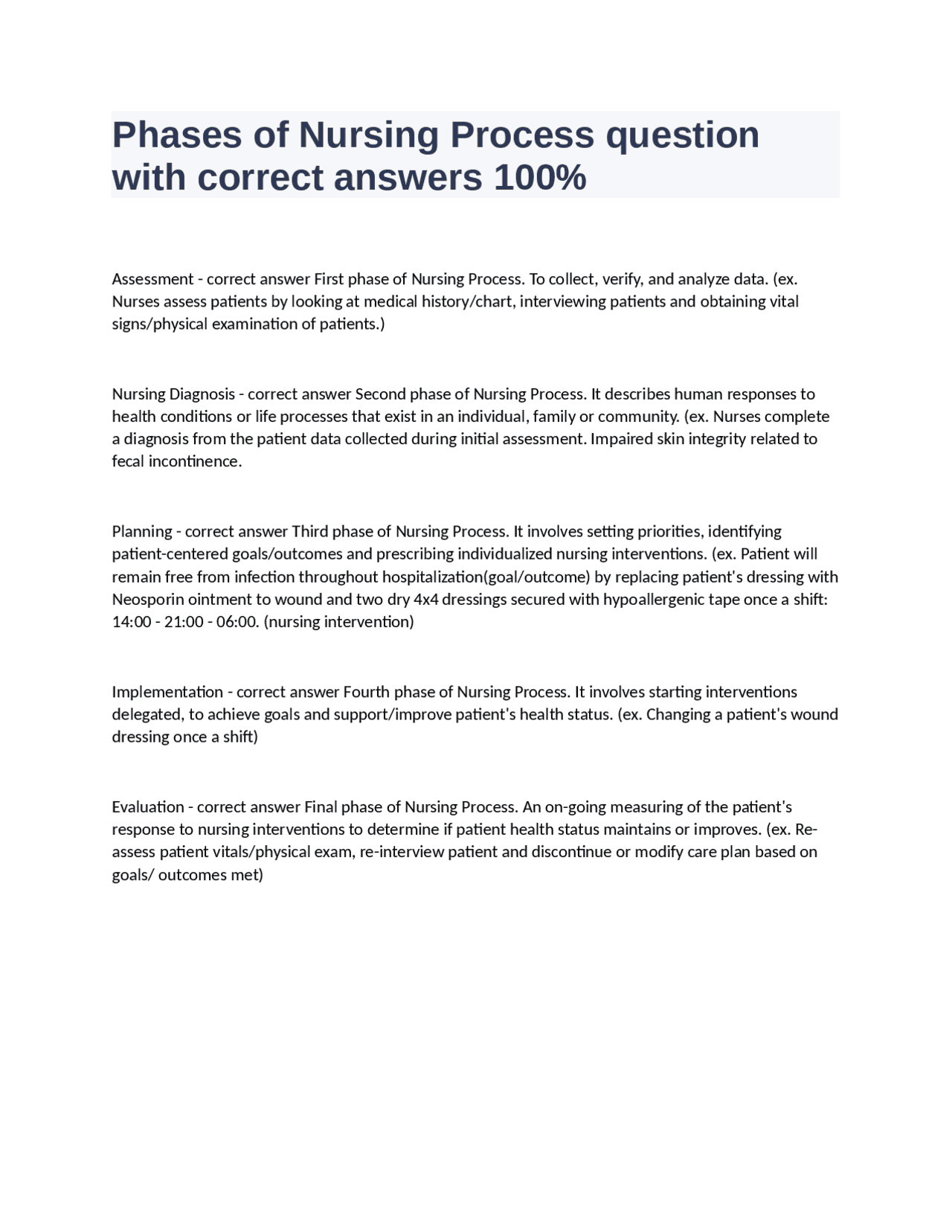 Phases of Nursing Process question with correct answers 100.docx ...