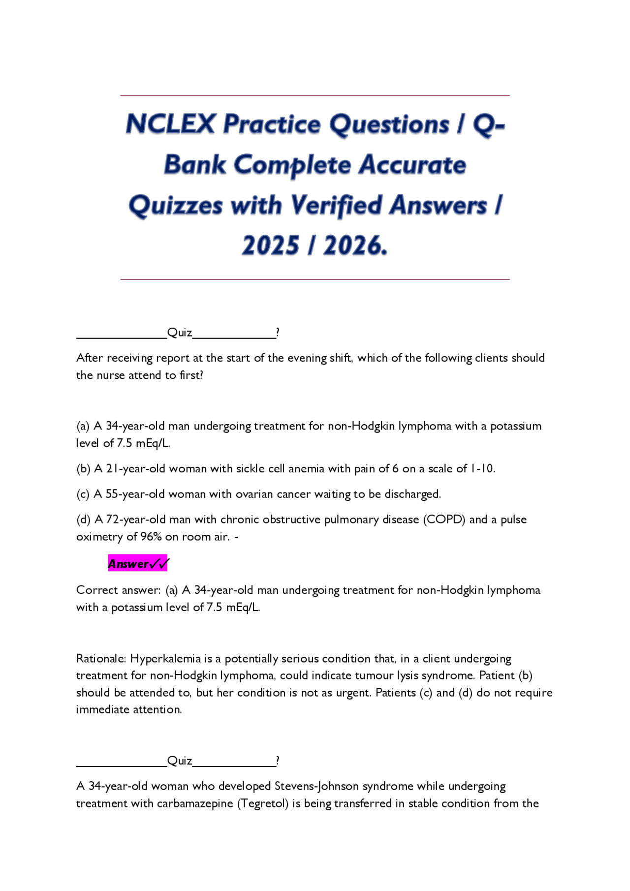 Nursing Practice Quizzes: Questions and Answers for Exam Preparation ...