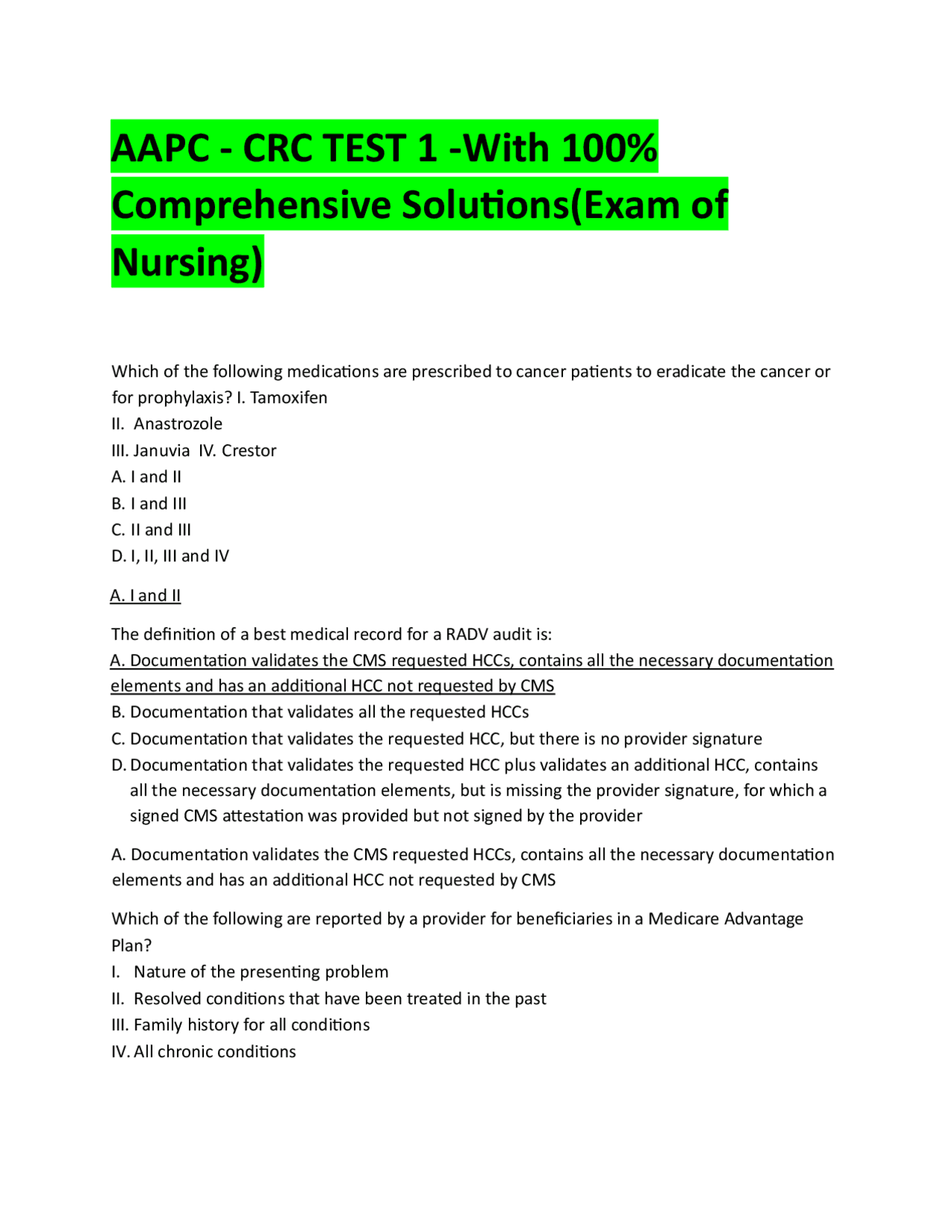 AAPC - CRC TEST 1 -With 100% Comprehensive Solutions(Exam of Nursing ...