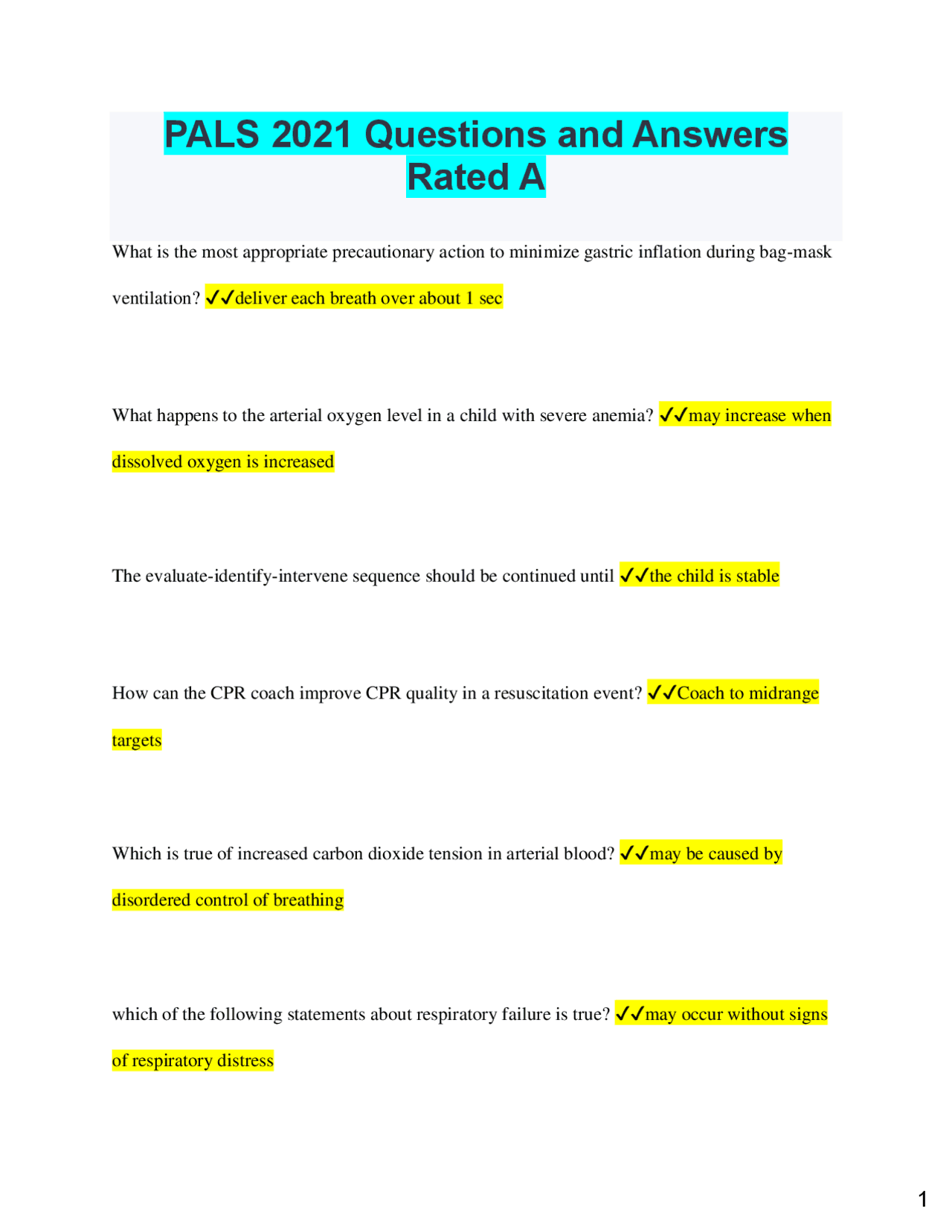 PALS 2021 Questions and Answers Rated A What is the most appropriate ...