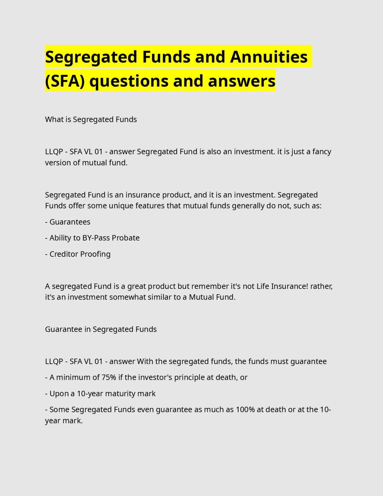 Segregated Funds and Annuities (SFA) questions and answers.docx | Exams ...