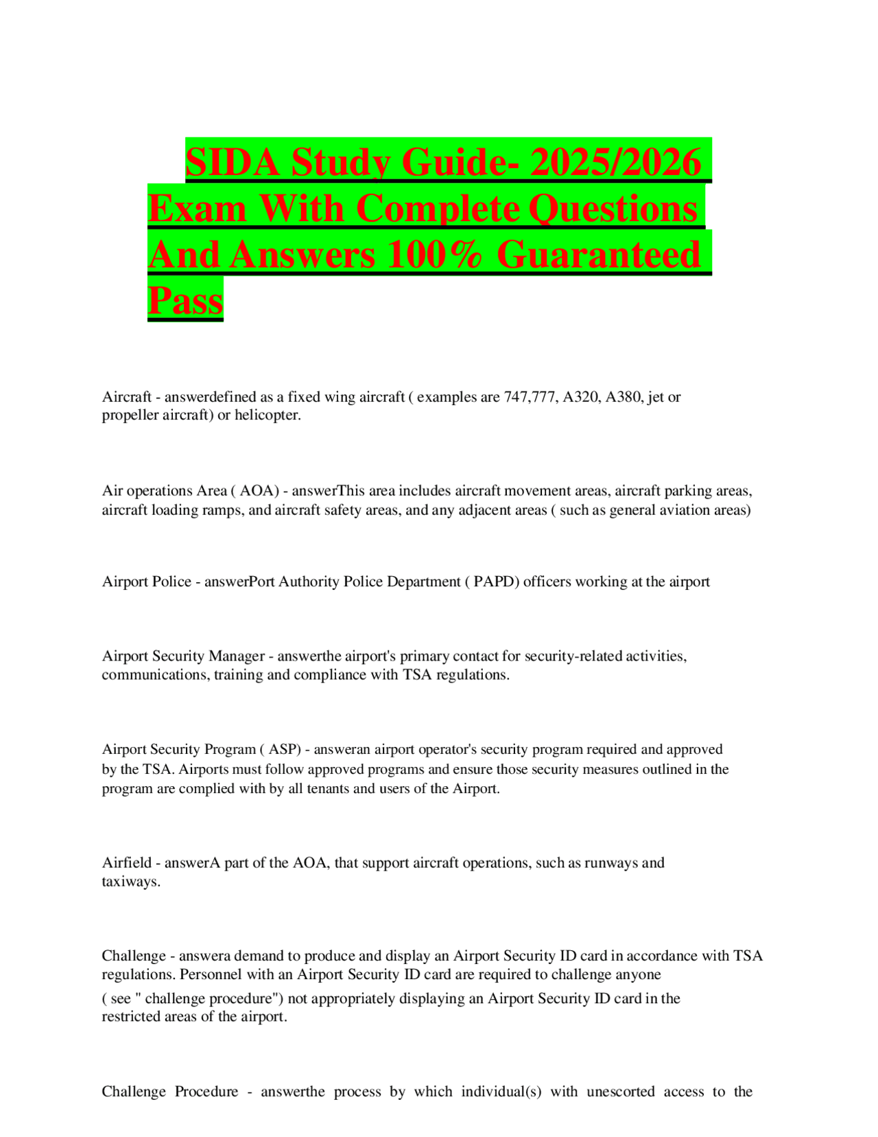 SIDA Study Guide- 2025/2026 Exam With Complete Questions And Answers 100% Guaranteed Pass ...