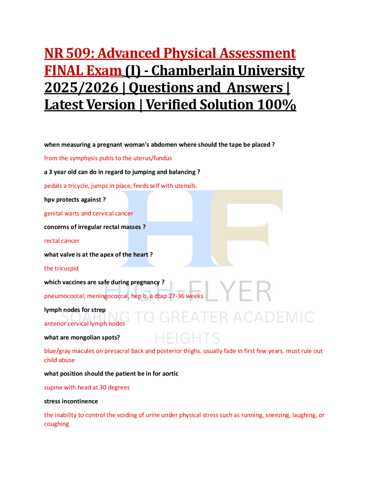 NR 509: Advanced Physical Assessment FINAL Exam (I) -Chamberlain ...
