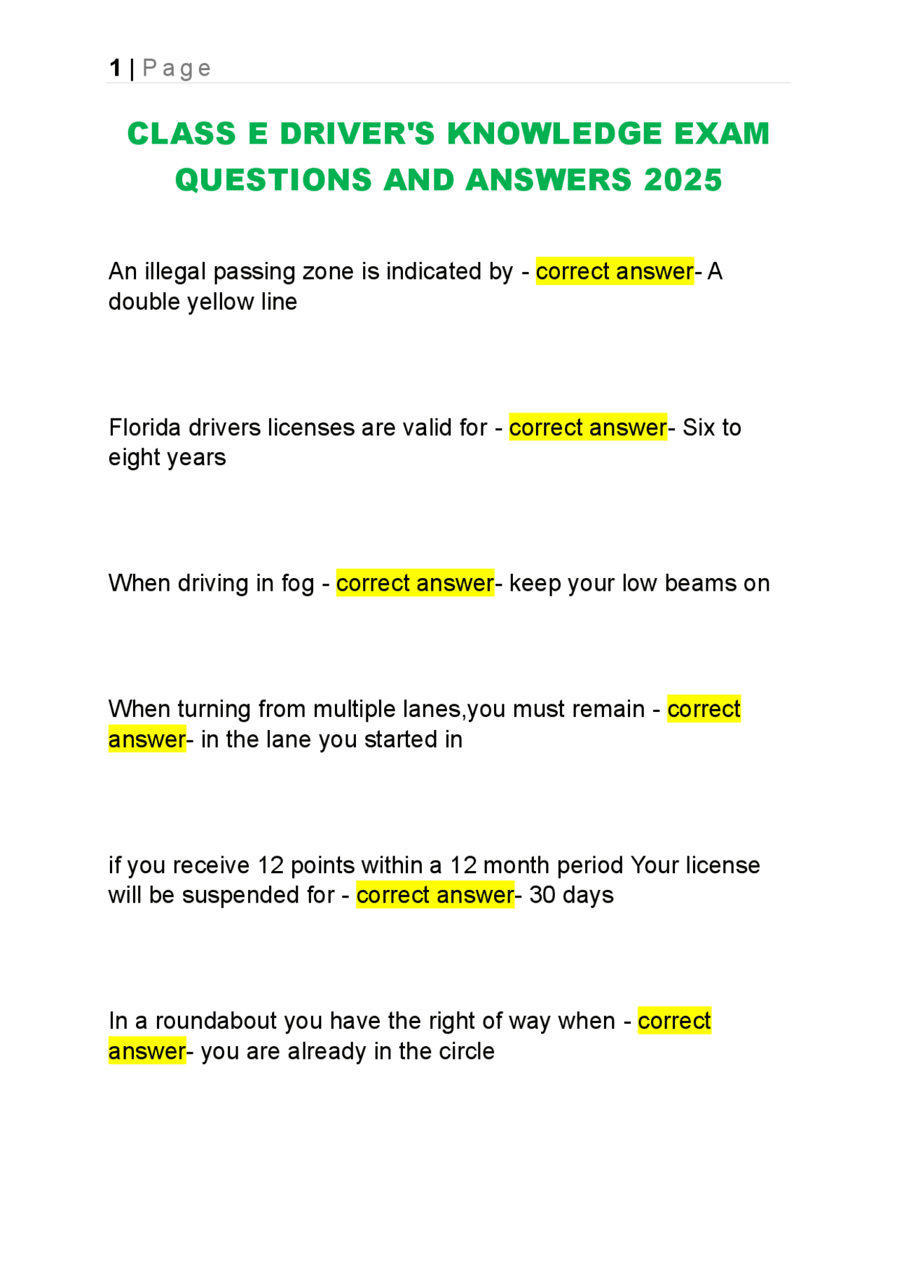 CLASS E DRIVER'S KNOWLEDGE EXAM QUESTIONS AND ANSWERS 2025 | Exams ...