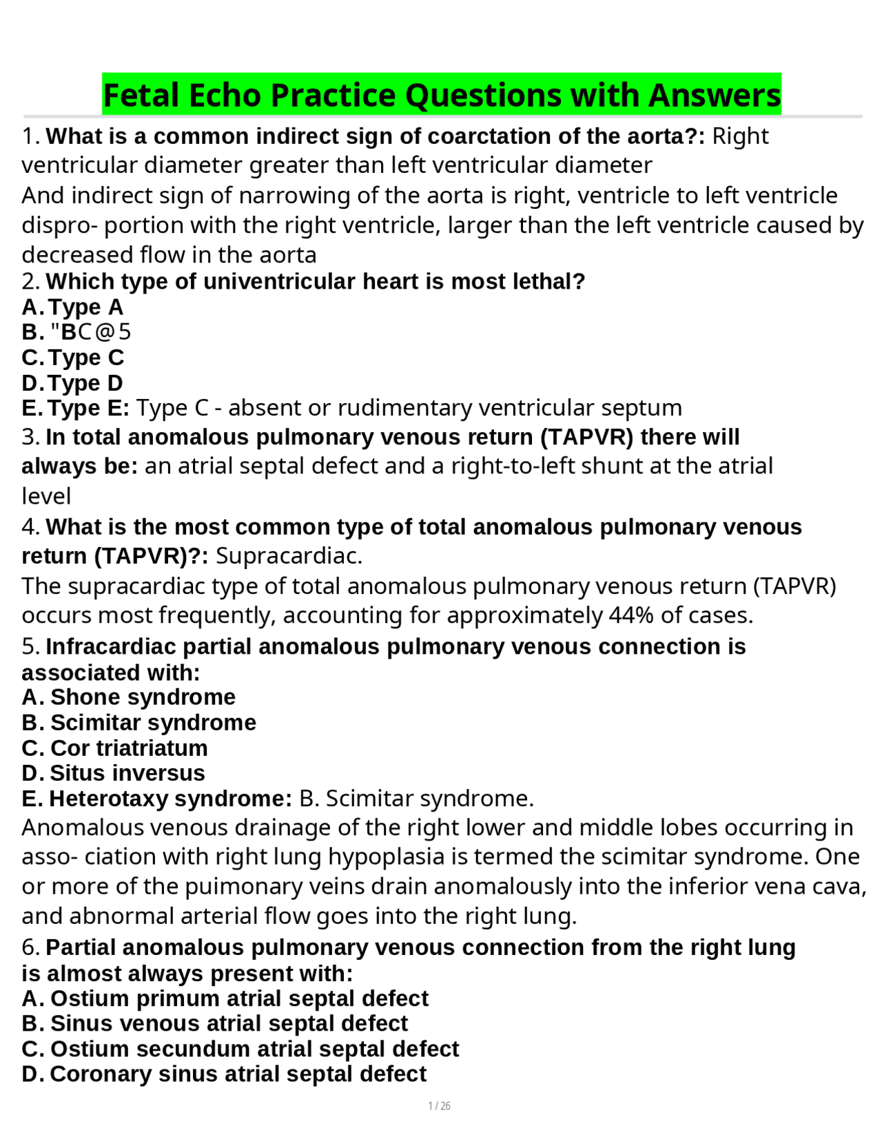 Fetal Echo Practice Questions with Answers | Exams Cardiology | Docsity
