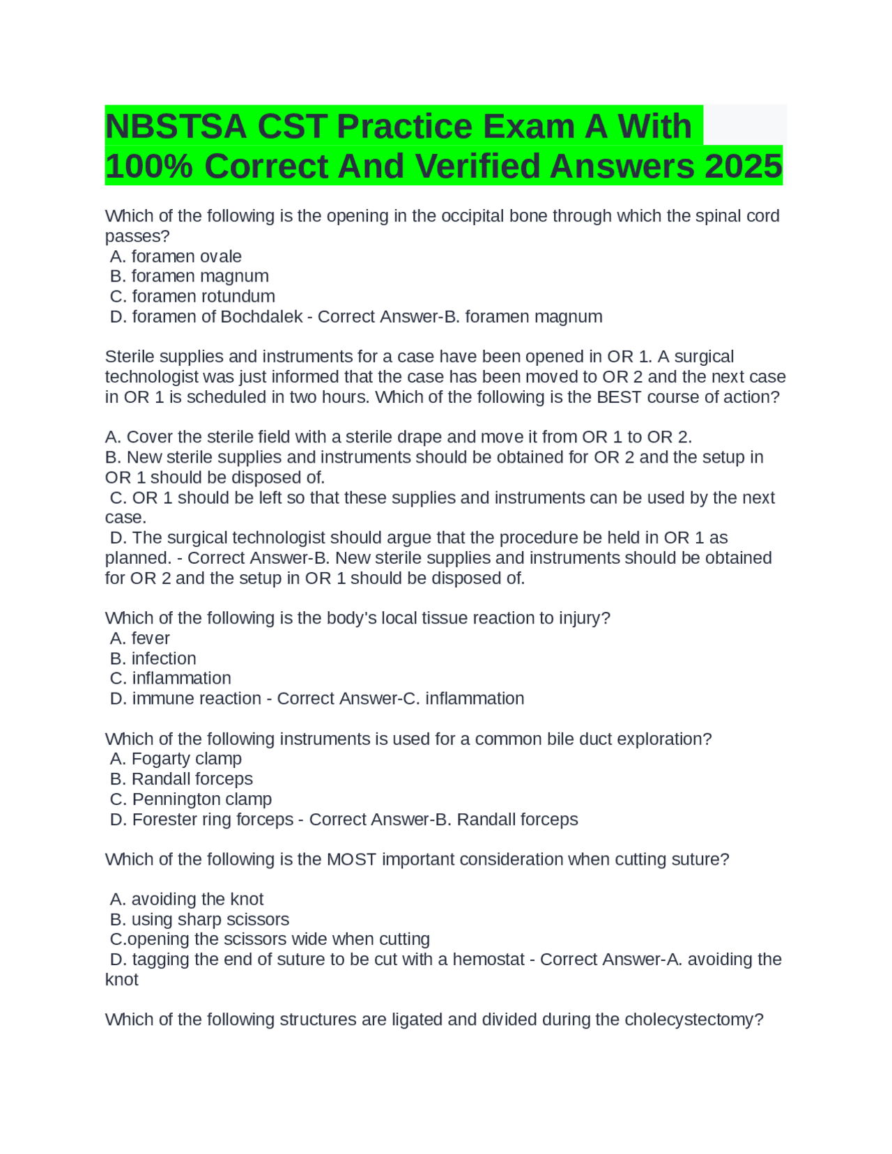 NBSTSA CST Practice Exam A With 100% Correct And Verified Answers 2025 ...