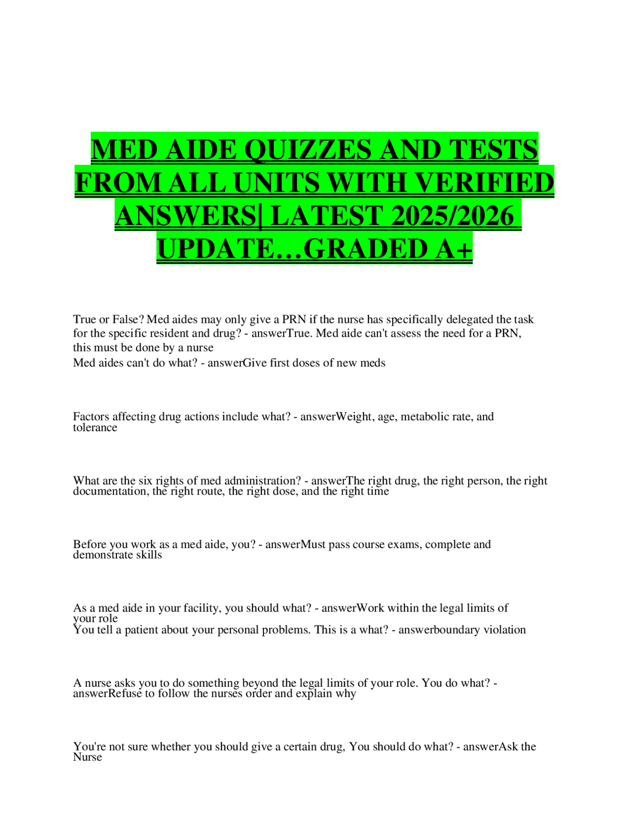 MED AIDE QUIZZES AND TESTS FROM ALL UNITS WITH VERIFIED ANSWERS| LATEST ...