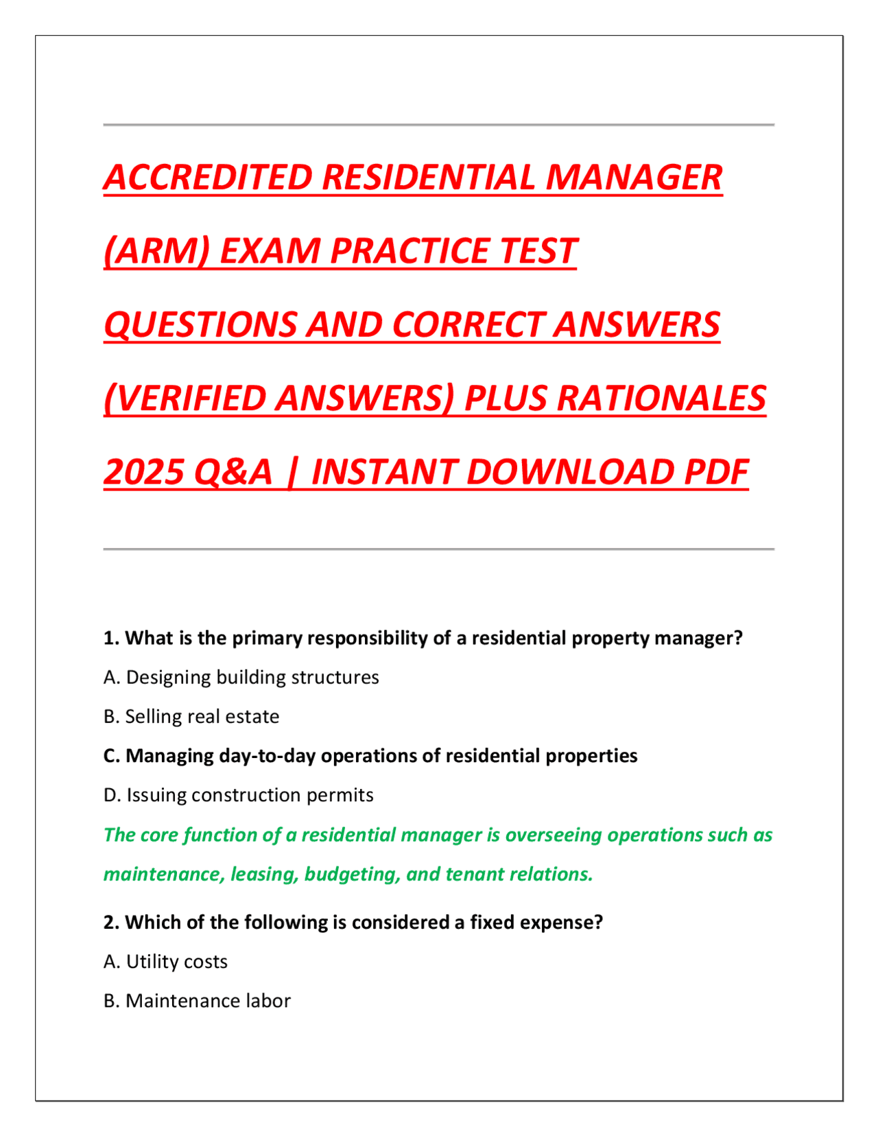 ACCREDITED RESIDENTIAL MANAGER (ARM) EXAM PRACTICE TEST QUESTIONS AND ...