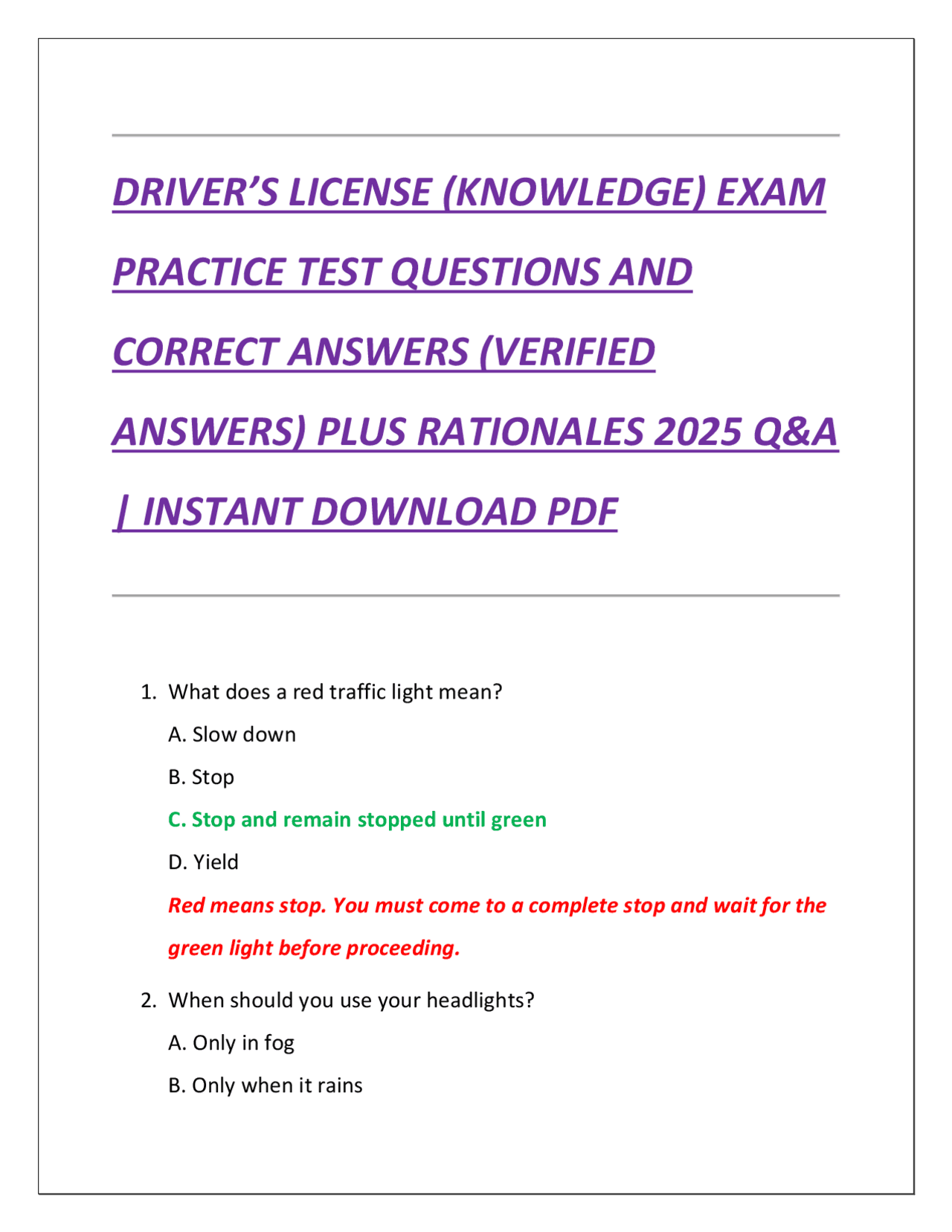 DRIVER’S LICENSE (KNOWLEDGE) EXAM PRACTICE TEST QUESTIONS AND CORRECT ...
