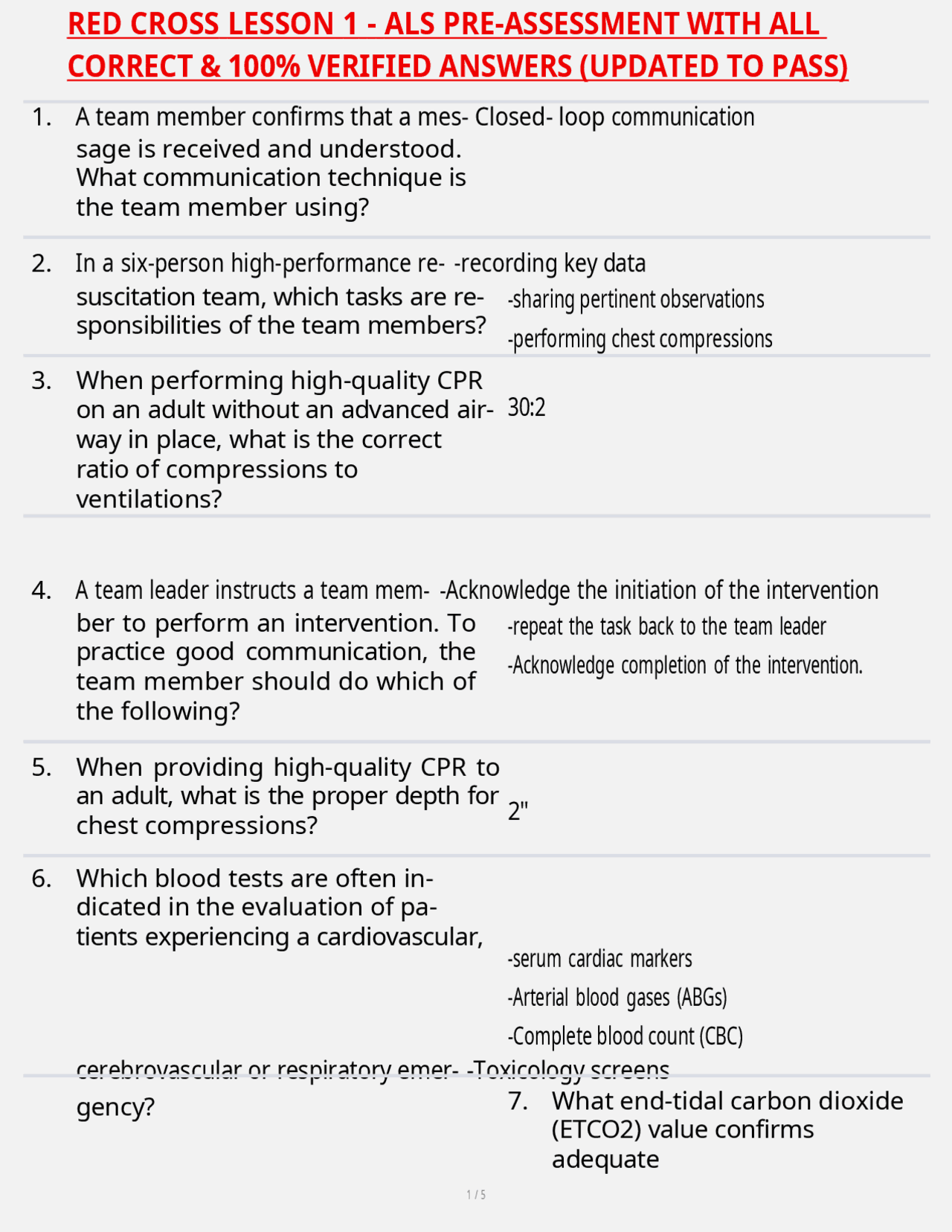 RED CROSS LESSON 1 - ALS PRE-ASSESSMENT WITH ALL CORRECT & 100% ...