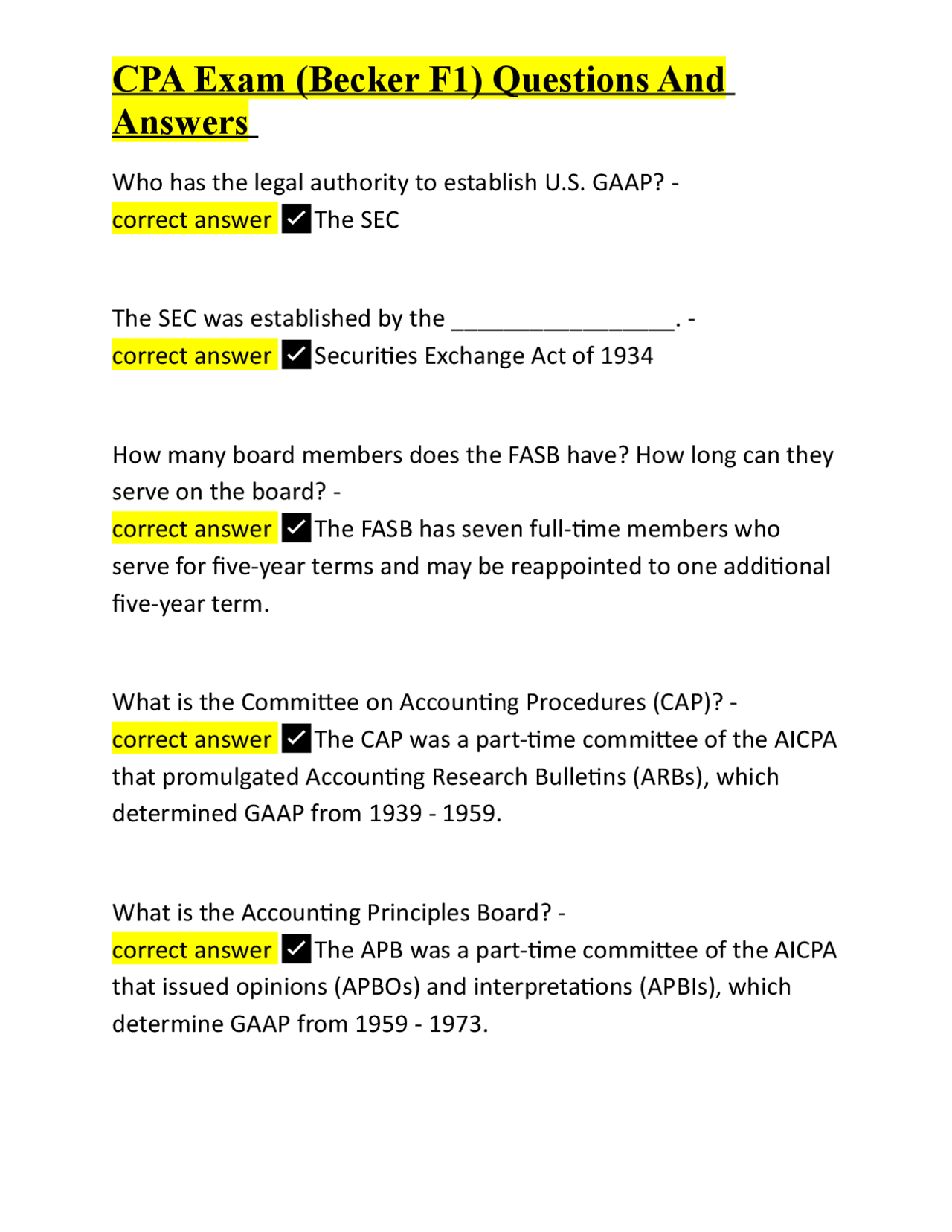 CPA Exam (Becker F1) Questions And Answers | Exercises Nursing | Docsity