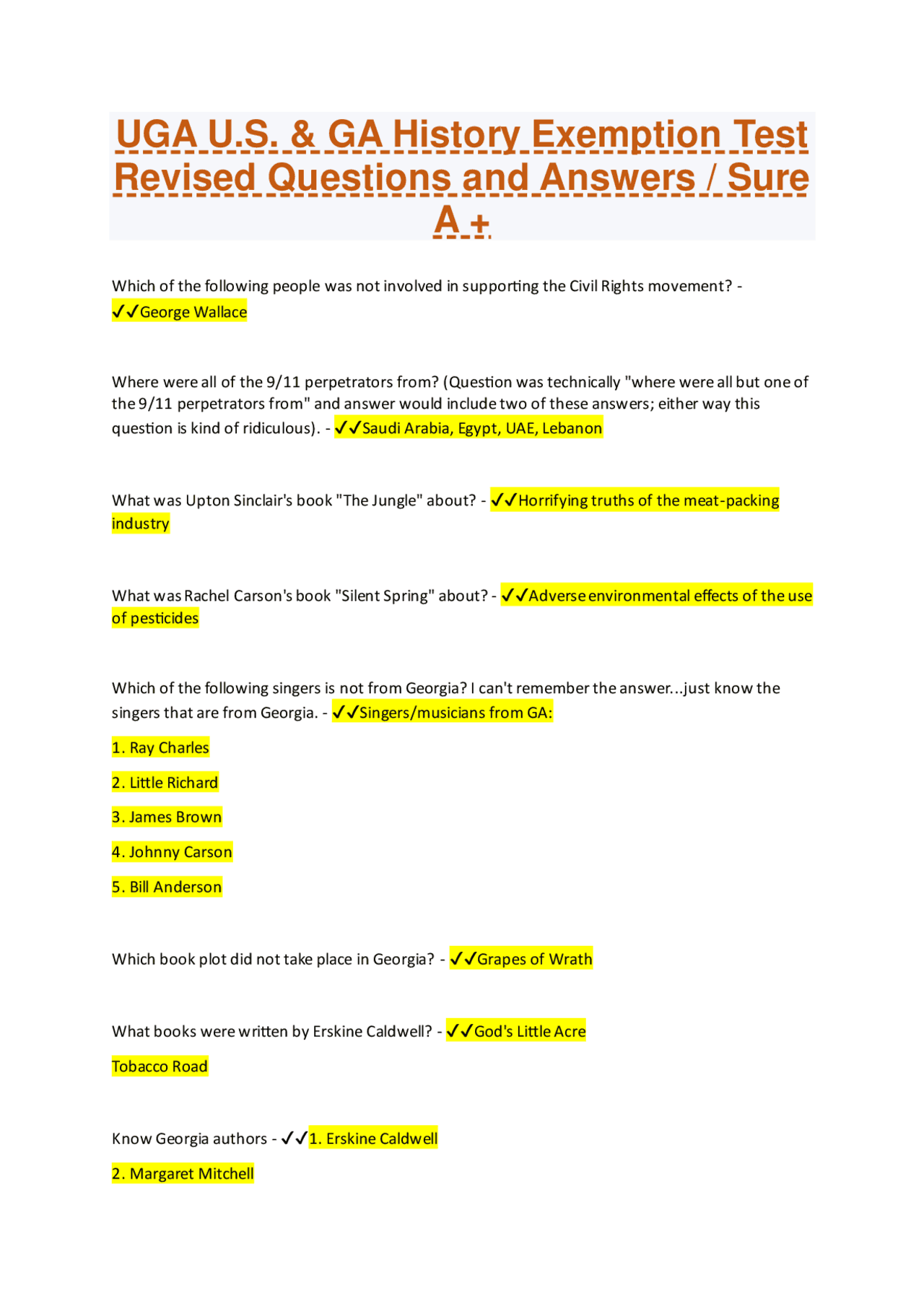 UGA U.S. & GA History Exemption Test Revised Questions and Answers ...