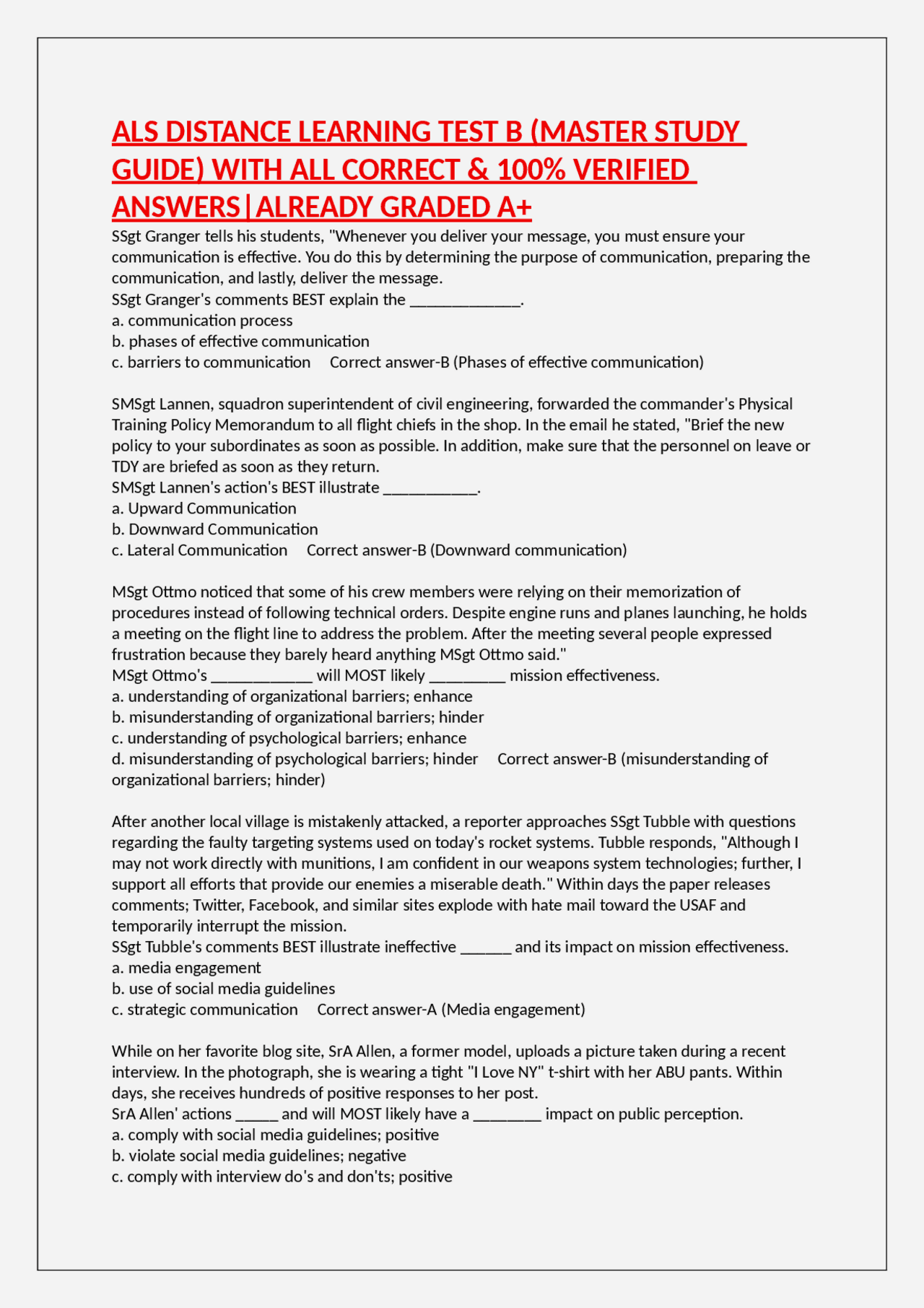 ALS DISTANCE LEARNING TEST B (MASTER STUDY GUIDE) WITH ALL CORRECT ...