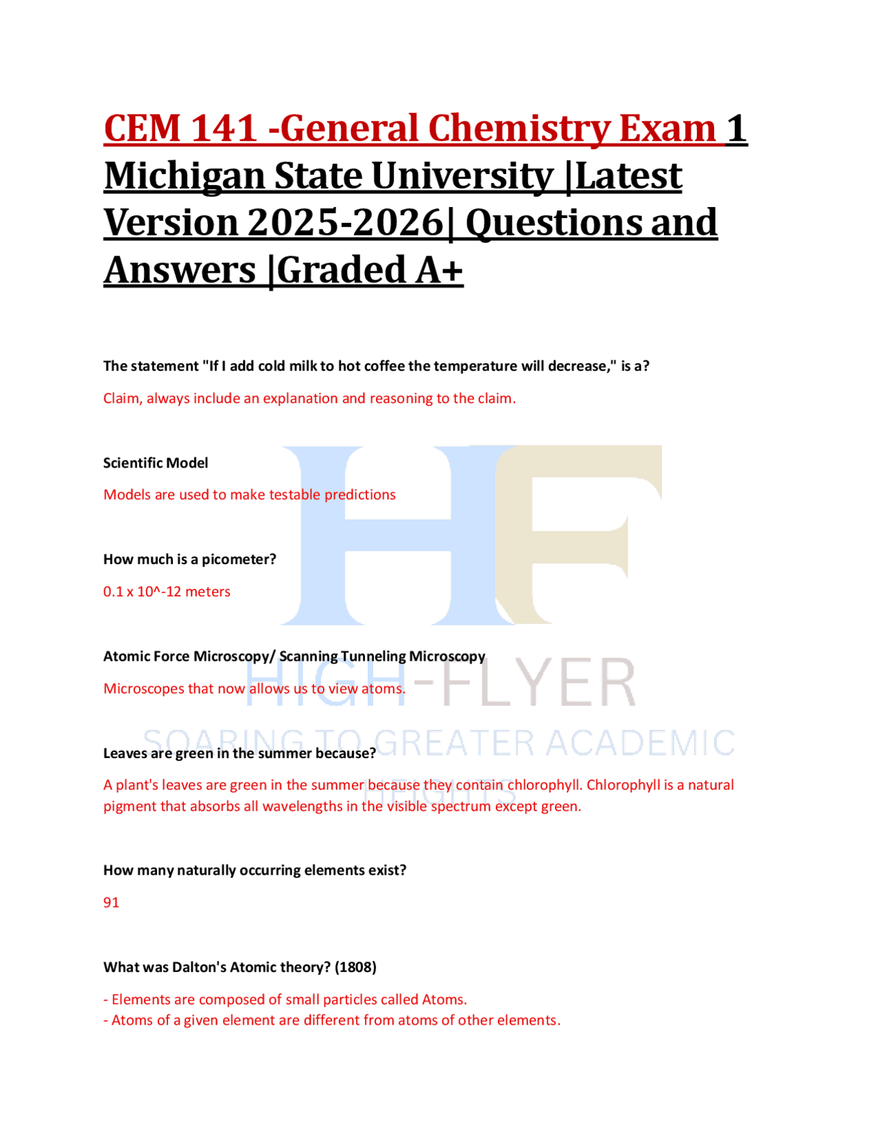 CEM 141 -General Chemistry Exam 1 Michigan State University |Latest ...