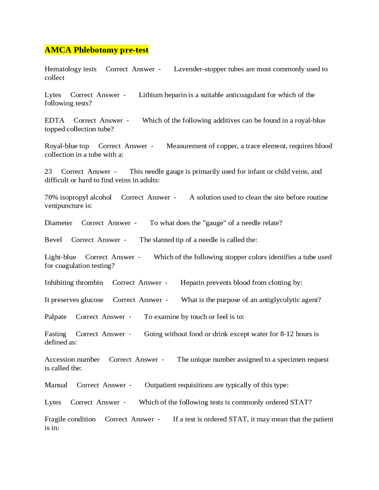 AMCA Phlebotomy pre-test *AMCA Phlebotomy pre-test | Exams Nursing ...