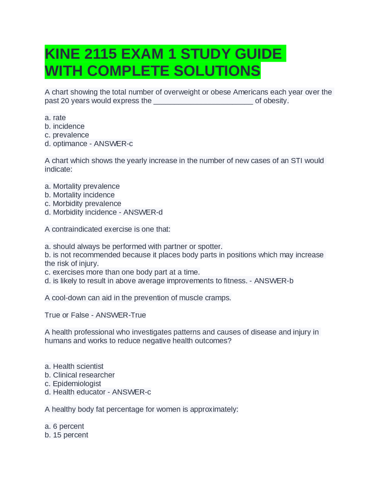 KINE 2115 EXAM 1 STUDY GUIDE WITH COMPLETE SOLUTIONS | Exams Nursing ...
