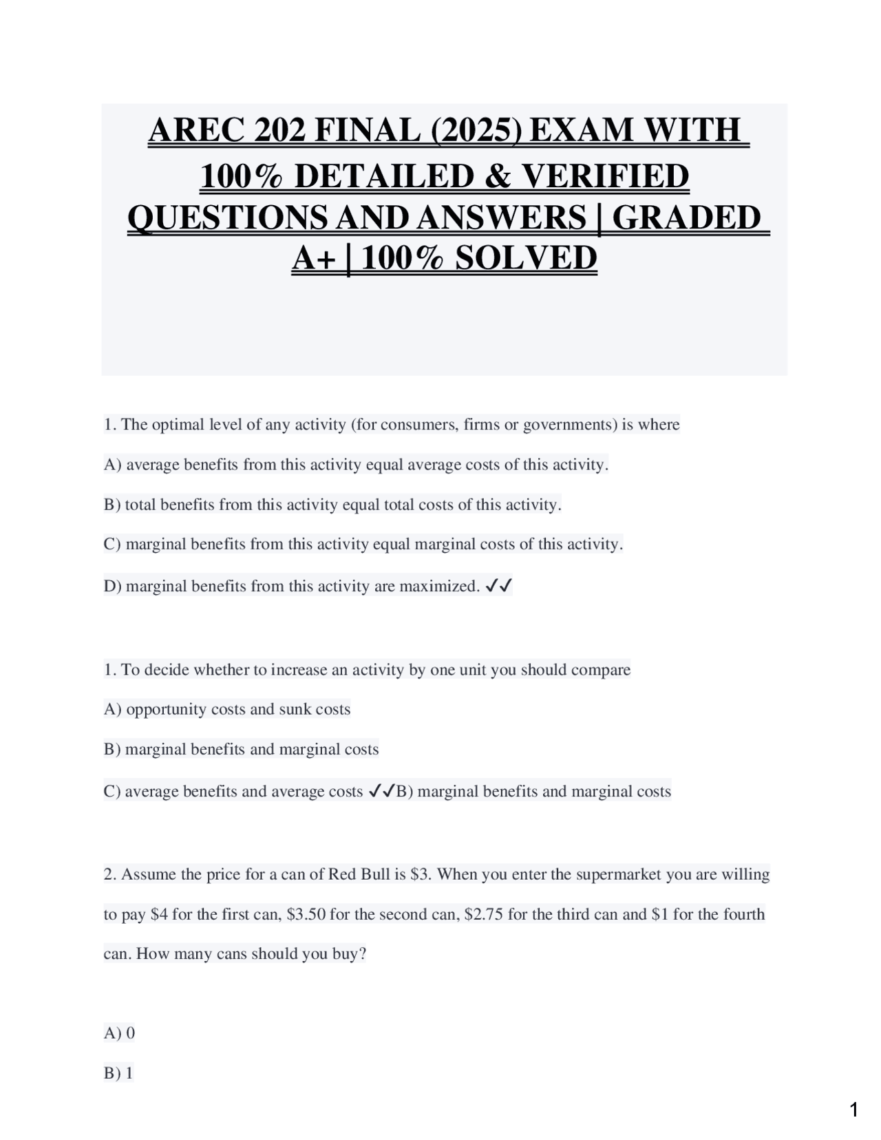 AREC 202 FINAL (2025) EXAM WITH 100% DETAILED & VERIFIED QUESTIONS AND ...