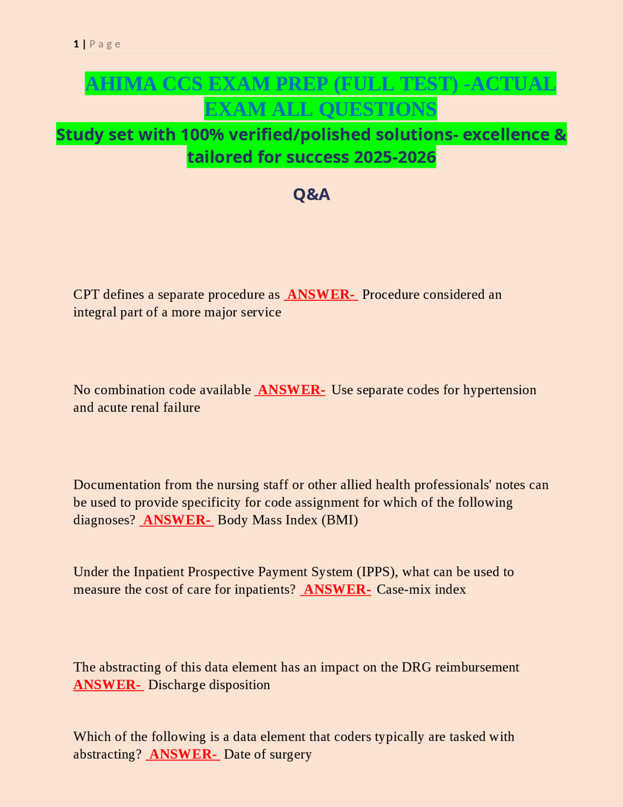 AHIMA CCS EXAM PREP (FULL TEST) -ACTUAL EXAM ALL QUESTIONS Study set ...