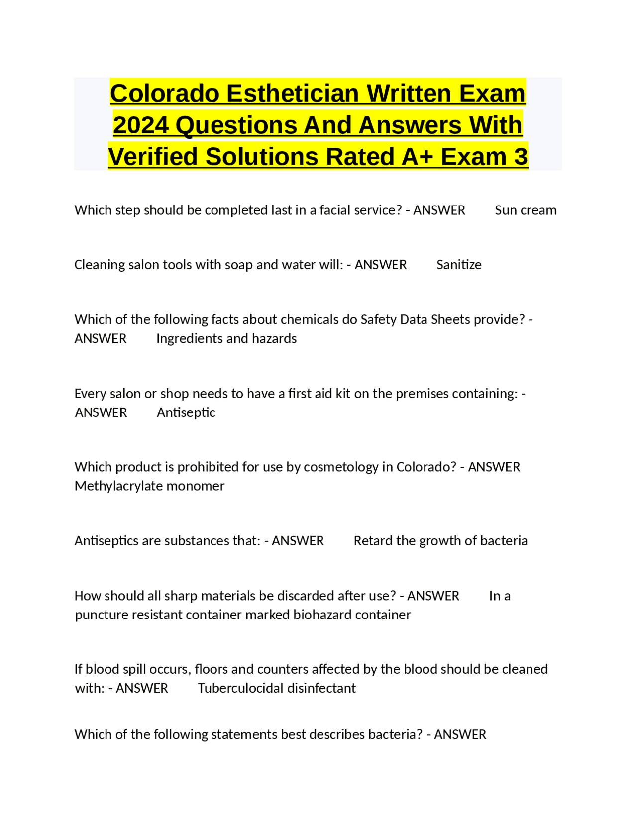 Colorado Esthetician Written Exam 2024 Questions And Answers With ...