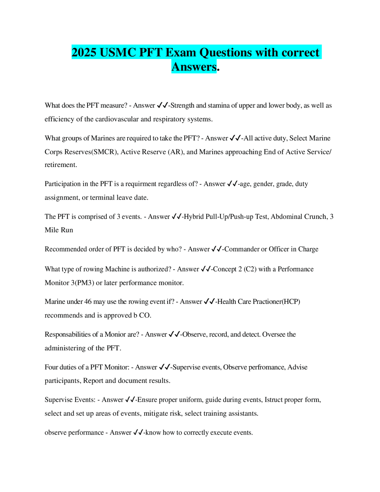 2025 USMC PFT Exam Questions with correct Answers. | Exams Military ...