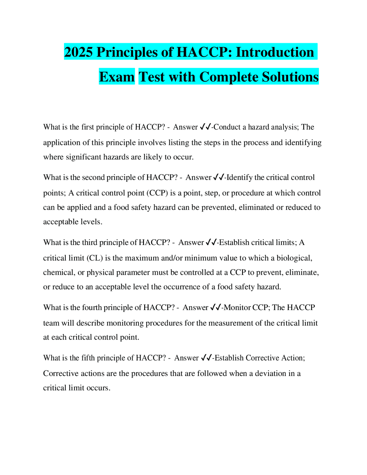 HACCP Principles Exam: Questions and Answers | Exams Food Process ...