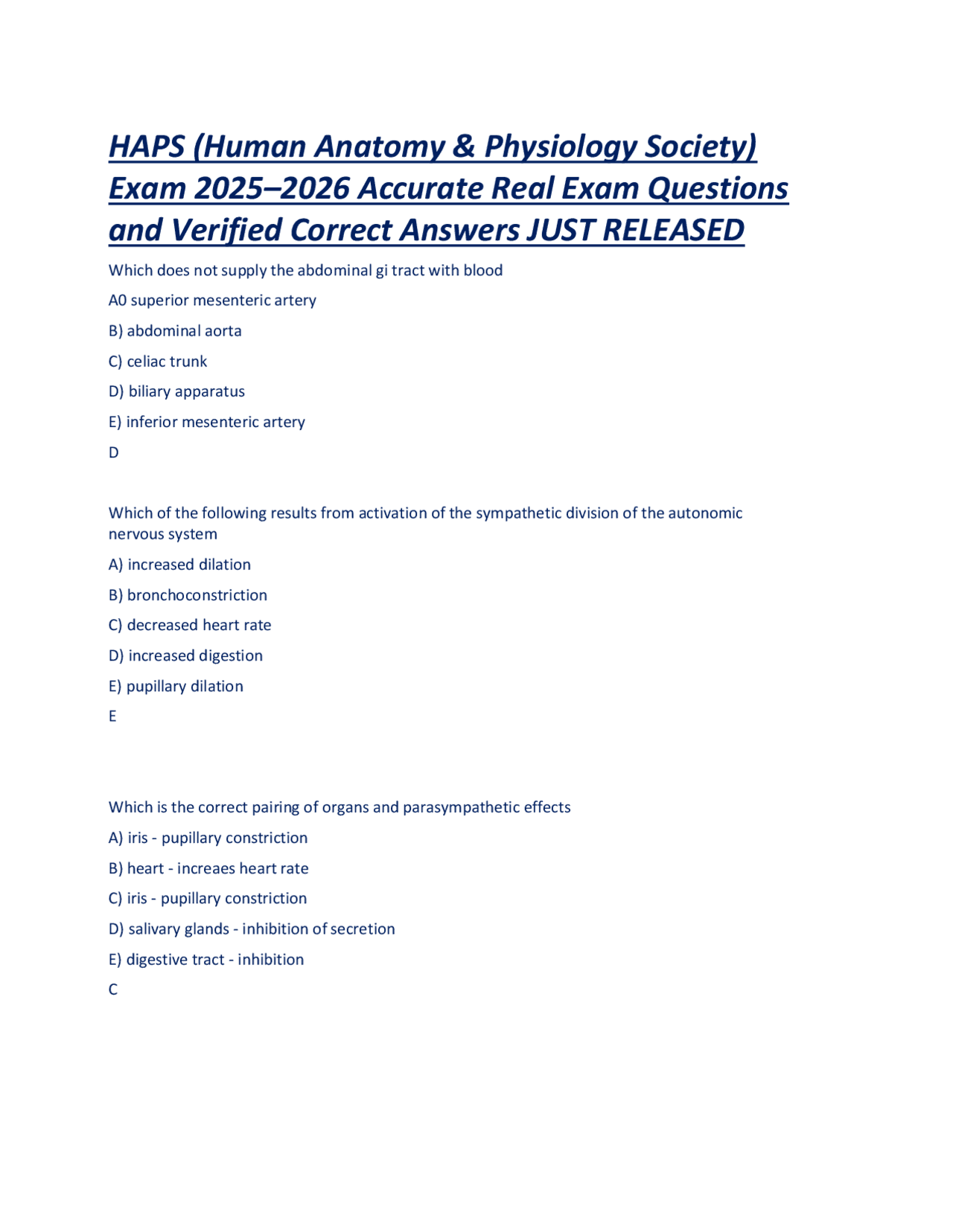 HAPS (Human Anatomy & Physiology Society) Exam 2025–2026 Accurate Real Exam Questions and ...