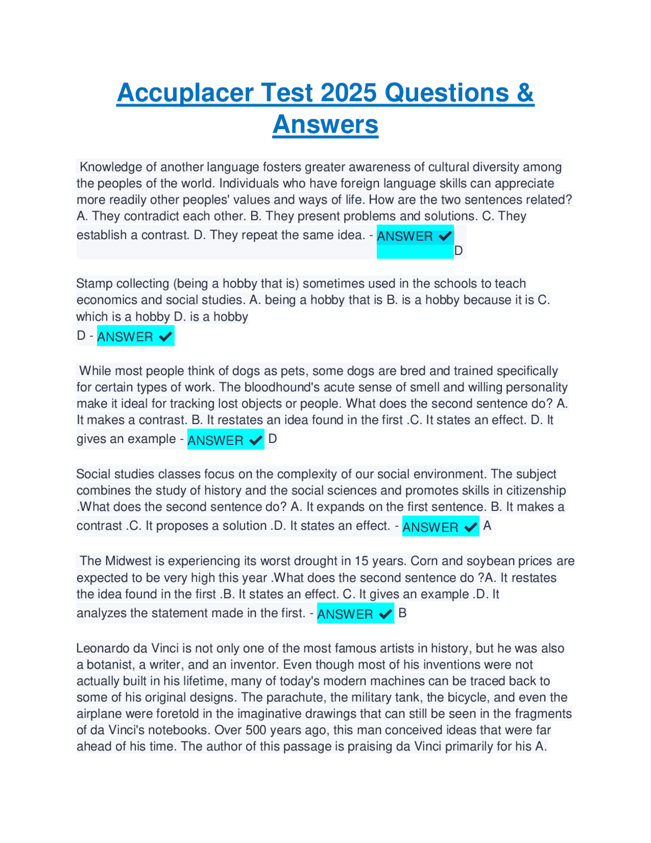 Accuplacer Test 2025 Questions & Answers | Exams Nursing | Docsity