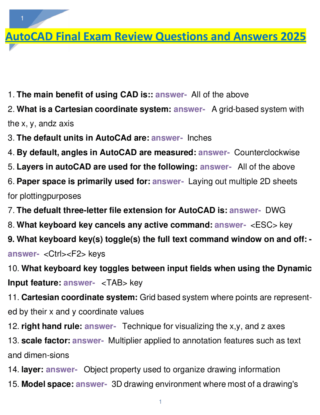 AutoCAD Final Exam Review: Questions and Answers | Exams Nursing | Docsity