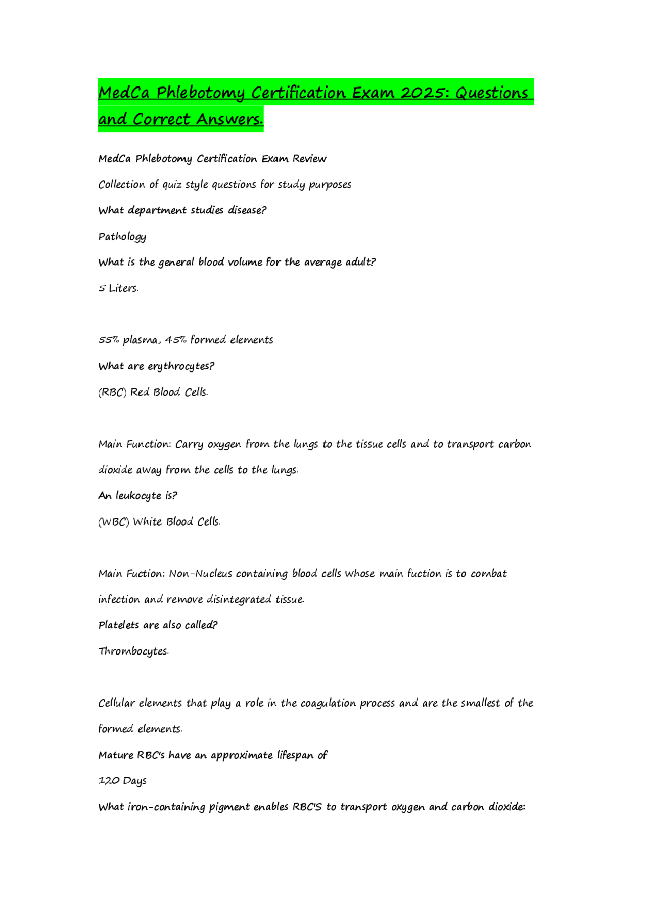 MedCa Phlebotomy Certification Exam 2025: Questions and Correct Answers ...