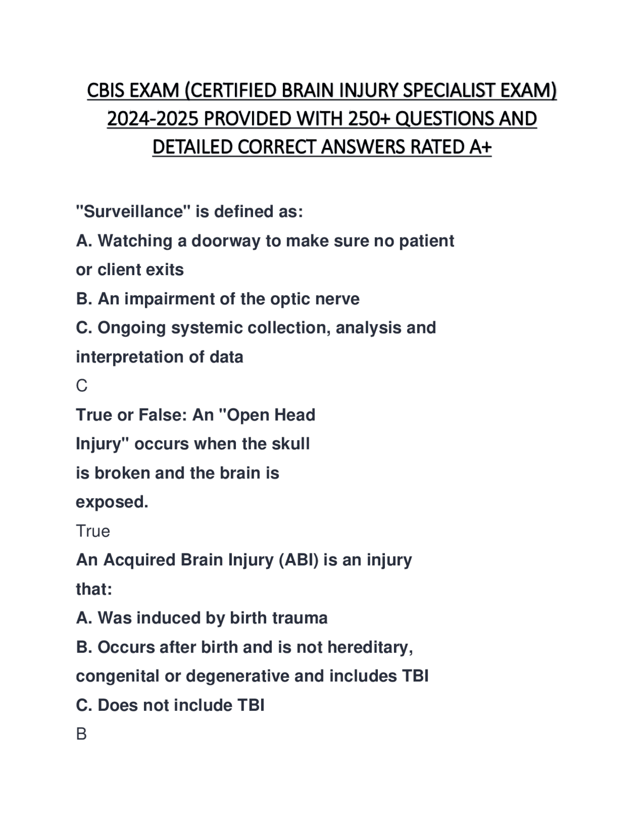 CBIS EXAM (CERTIFIED BRAIN INJURY SPECIALIST EXAM) 2024-2025 PROVIDED ...
