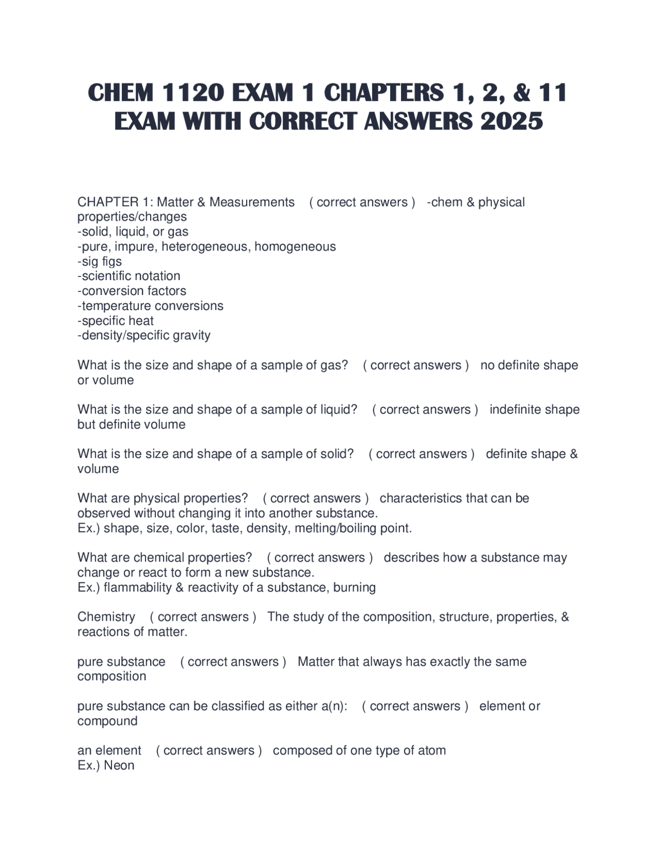 CHEM 1120 EXAM 1 CHAPTERS 1, 2, & 11 EXAM WITH CORRECT ANSWERS 2025 | Exams Nursing | Docsity