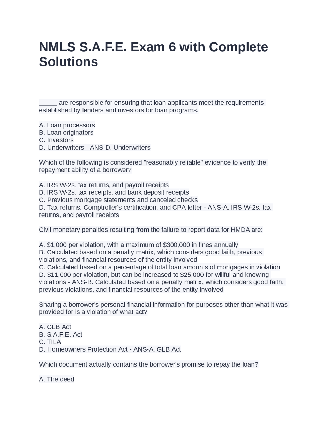 NMLS S.A.F.E. Exam 6 with Complete Solutions | Exams Advanced Education ...