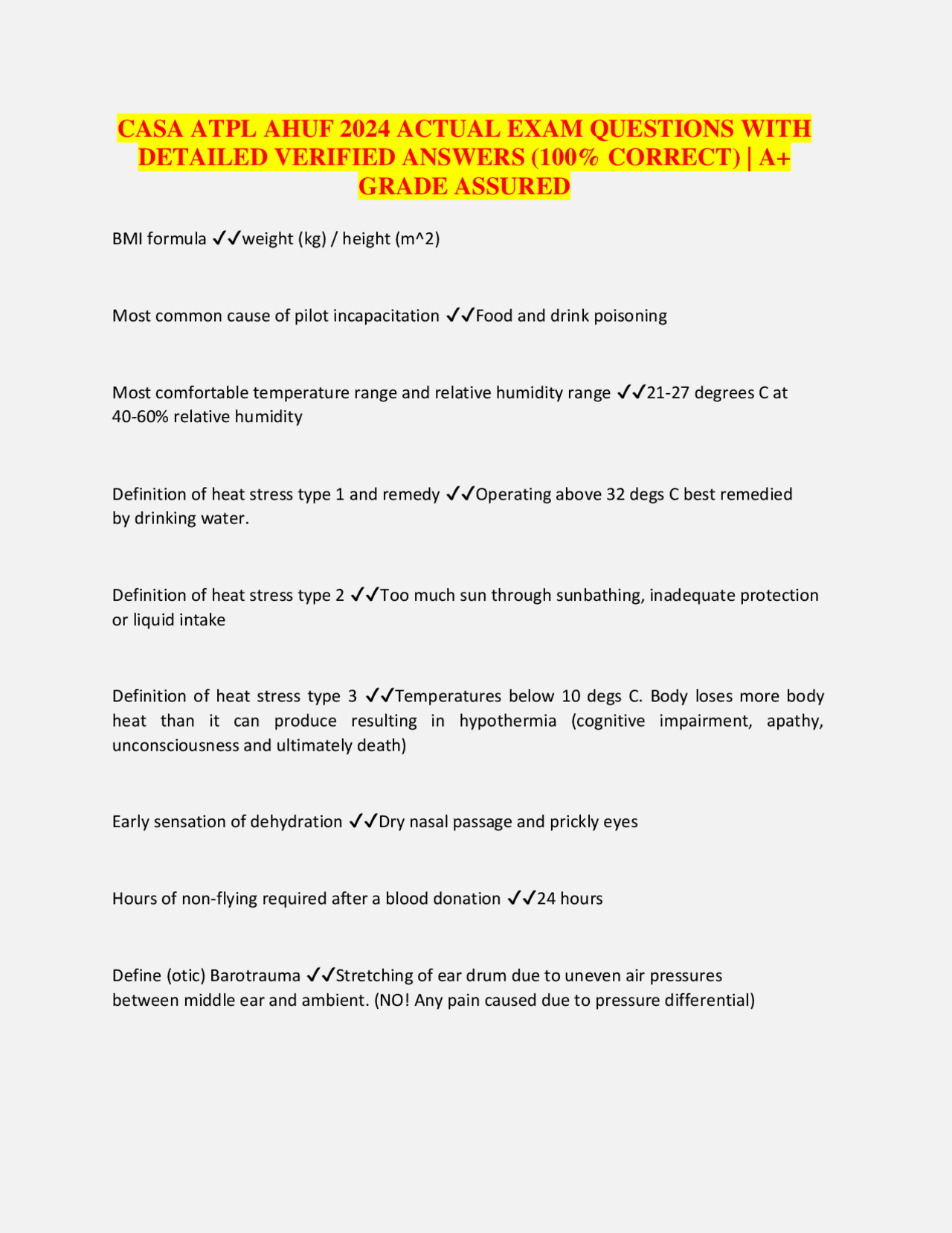 CASA ATPL AHUF Exam Q&A: Aviation Human Factors | Exams Nursing | Docsity