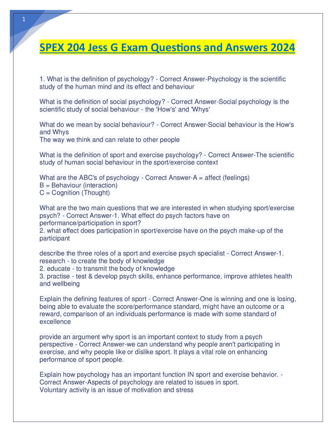 SPEX 204 Jess G Exam Questions and Answers | Exams Nursing | Docsity