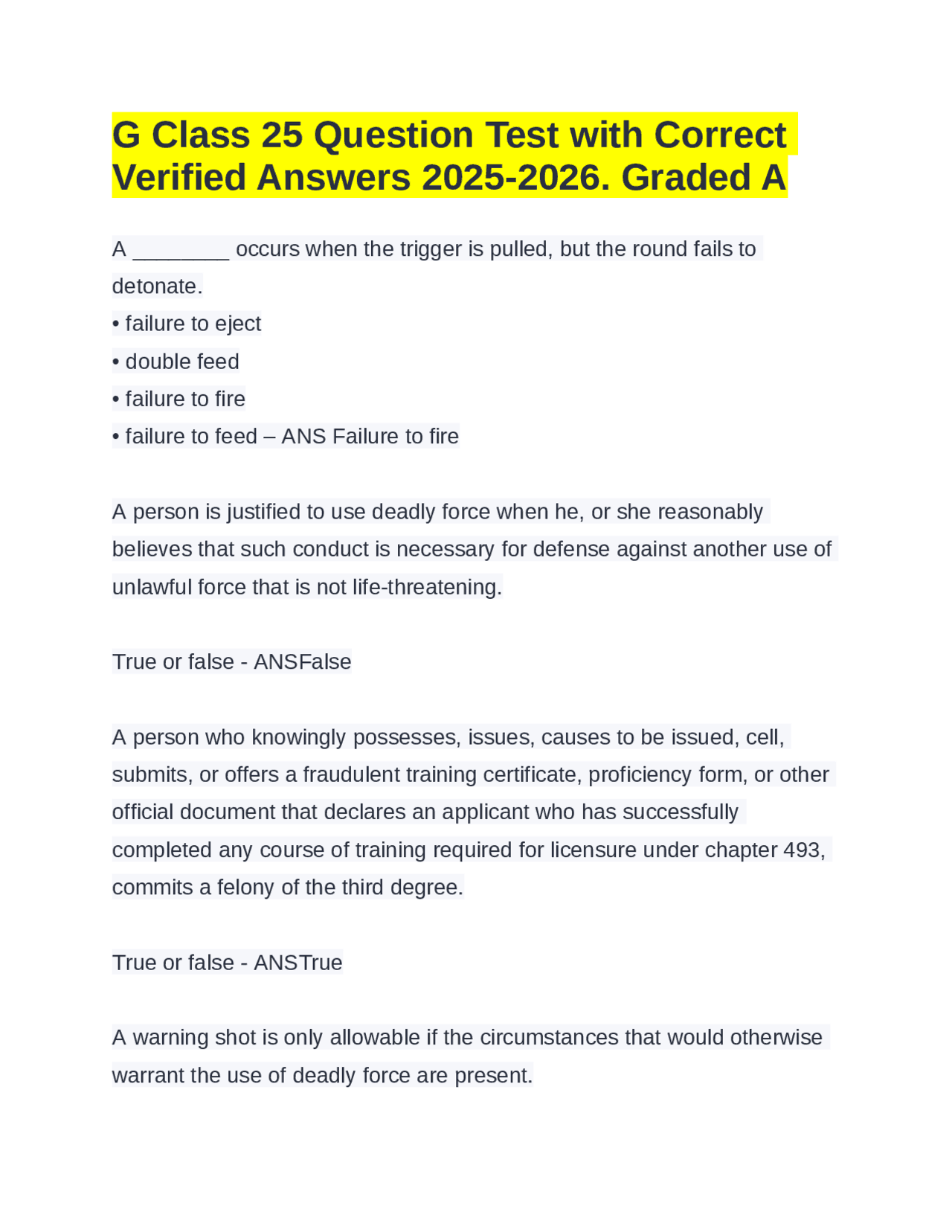 G Class 25 Question Test with Correct Verified Answers 2025-2026 ...