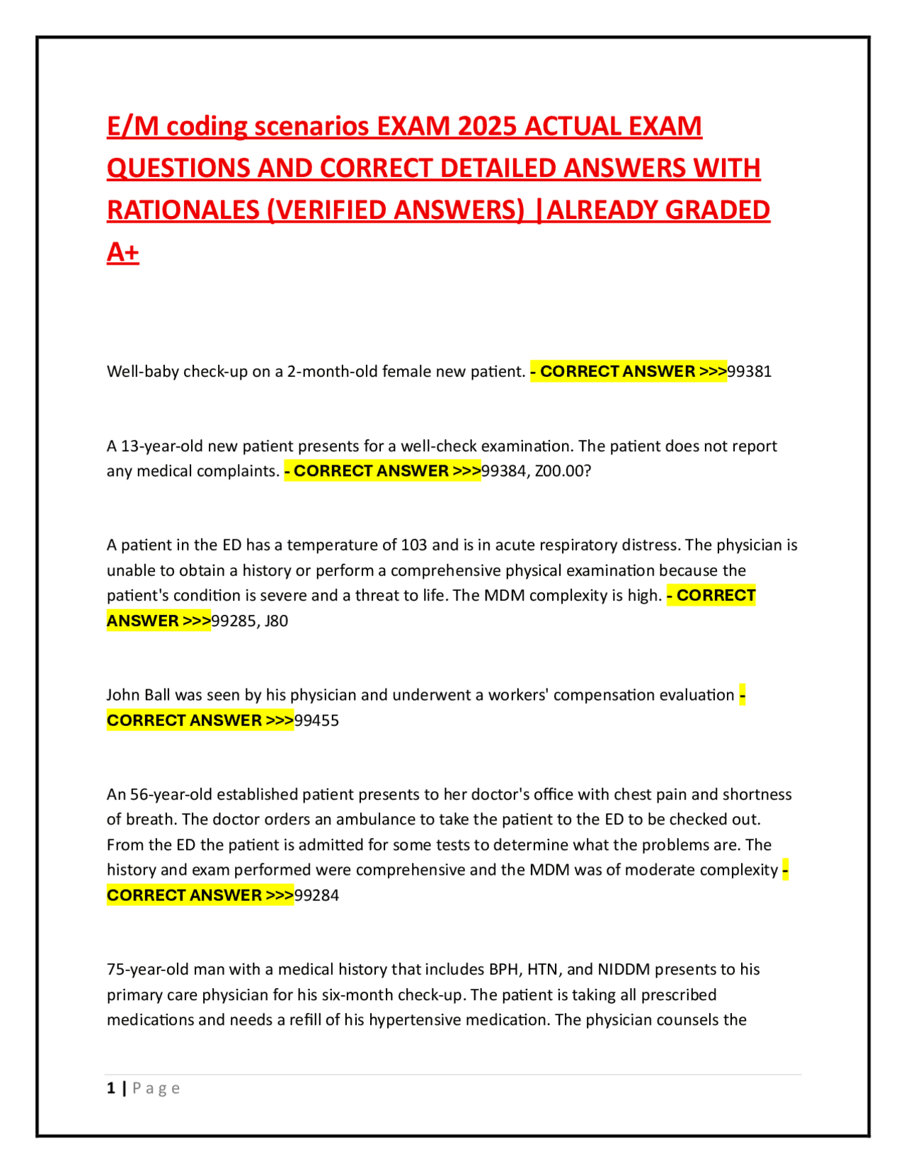 E/M coding scenarios EXAM 2025 ACTUAL EXAM QUESTIONS AND CORRECT ...