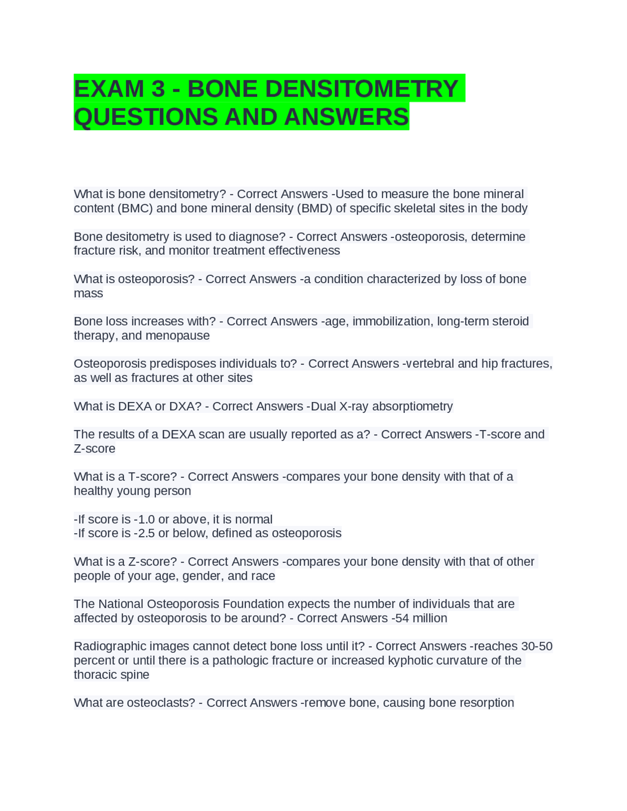 EXAM 3 - BONE DENSITOMETRY QUESTIONS AND ANSWERS | Exams Advanced ...