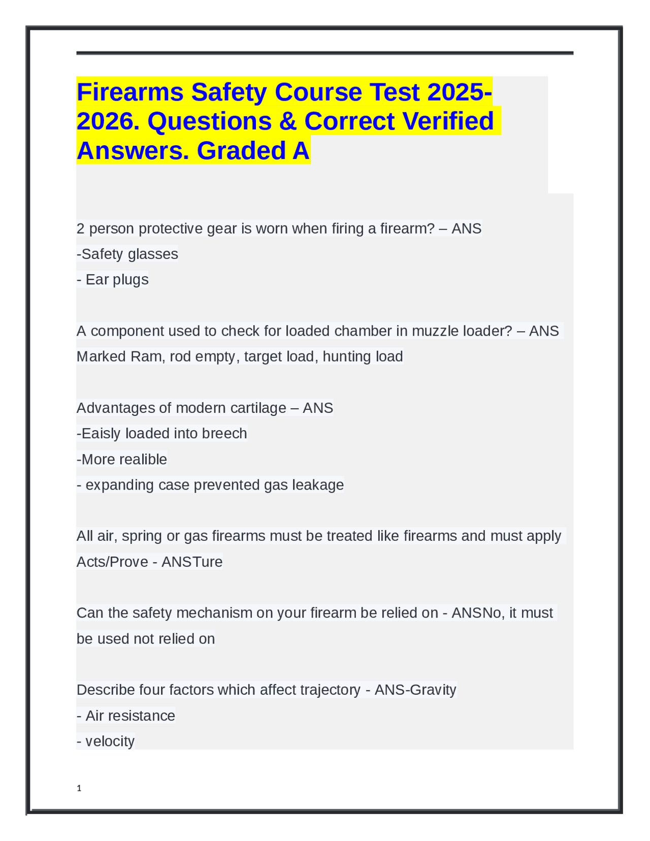 Firearms Safety Course Test 2025-2026. Questions & Correct Verified ...