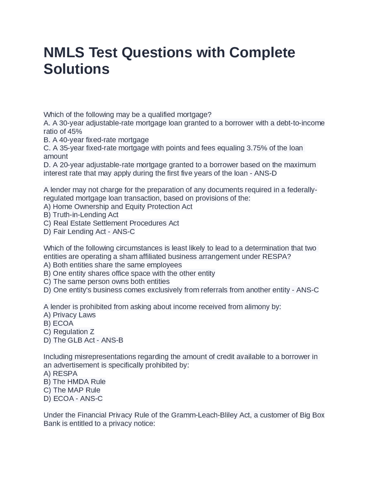 NMLS Test Questions with Complete Solutions | Exams Advanced Education ...
