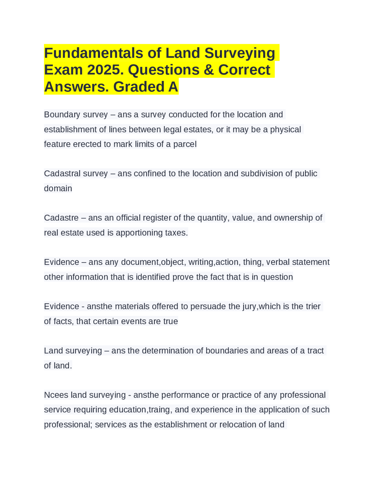 Fundamentals of Land Surveying Exam 2025. Questions & Correct Answers ...