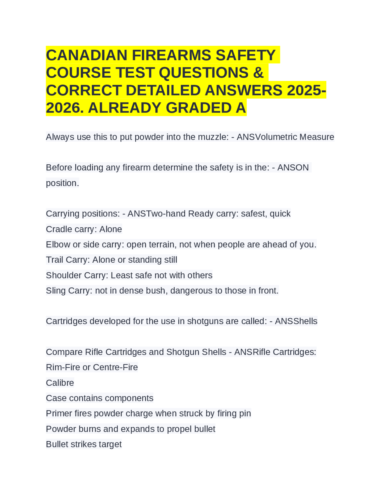 CANADIAN FIREARMS SAFETY COURSE TEST QUESTIONS &CORRECT DETAILED ...