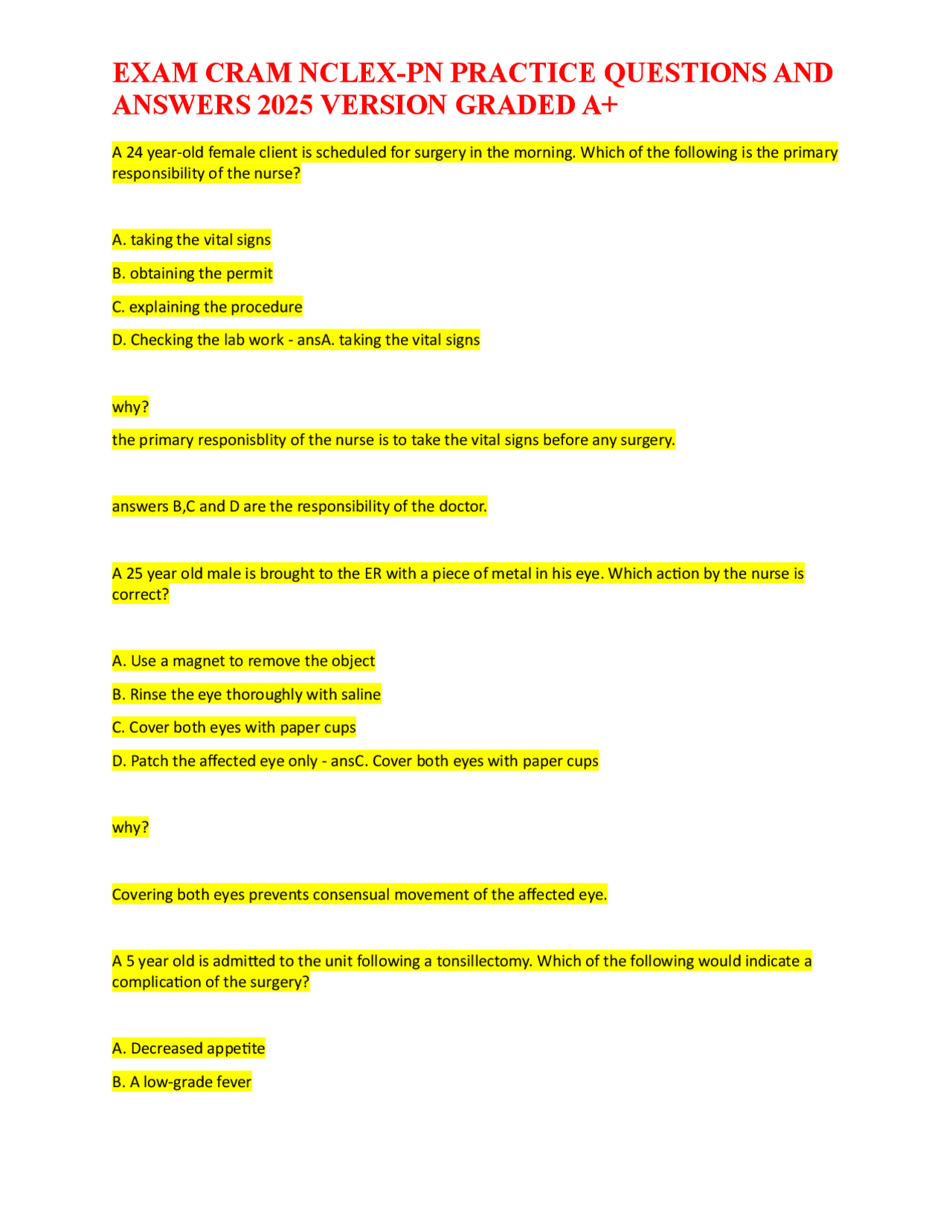 EXAM CRAM NCLEX-PN PRACTICE QUESTIONS AND ANSWERS 2025 VERSION GRADED ...