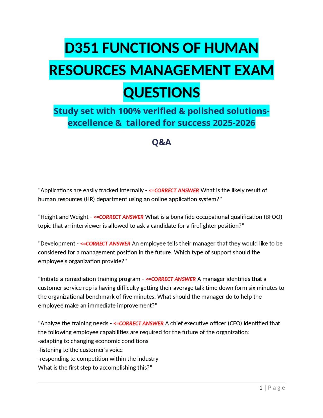 D351 FUNCTIONS OF HUMAN RESOURCES MANAGEMENT EXAM QUESTIONS Study set with 100% verified | Exams ...