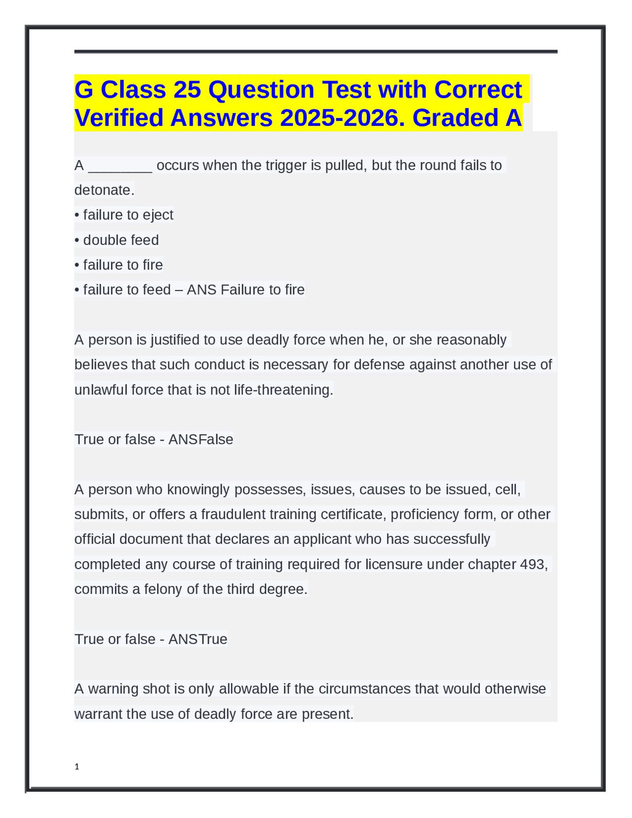 G Class 25 Question Test with Correct Verified Answers 2025-2026 ...