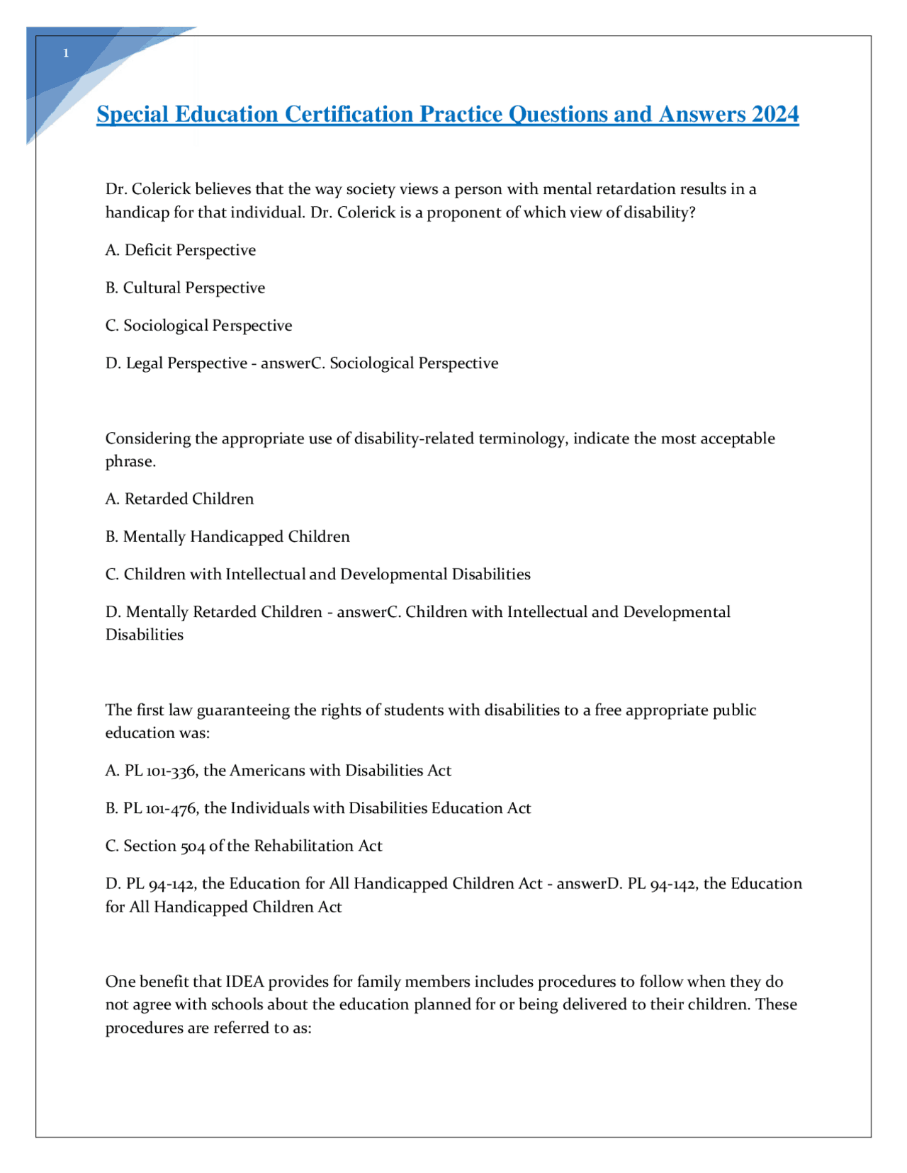 Special Education Certification Exam: Practice Questions and Answers ...